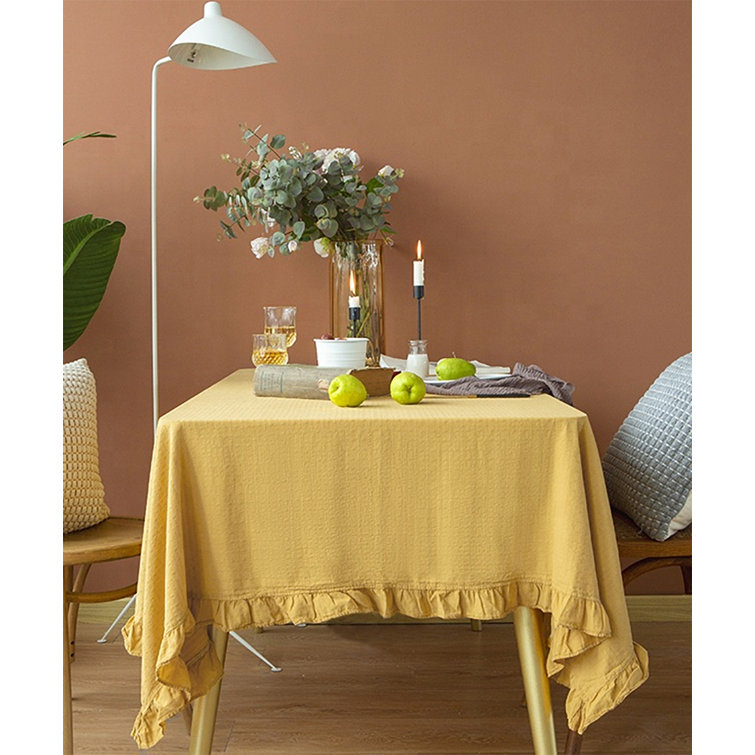 Gracie Oaks White French Ruffled Border Cotton Woven Tablecloth | Wayfair
