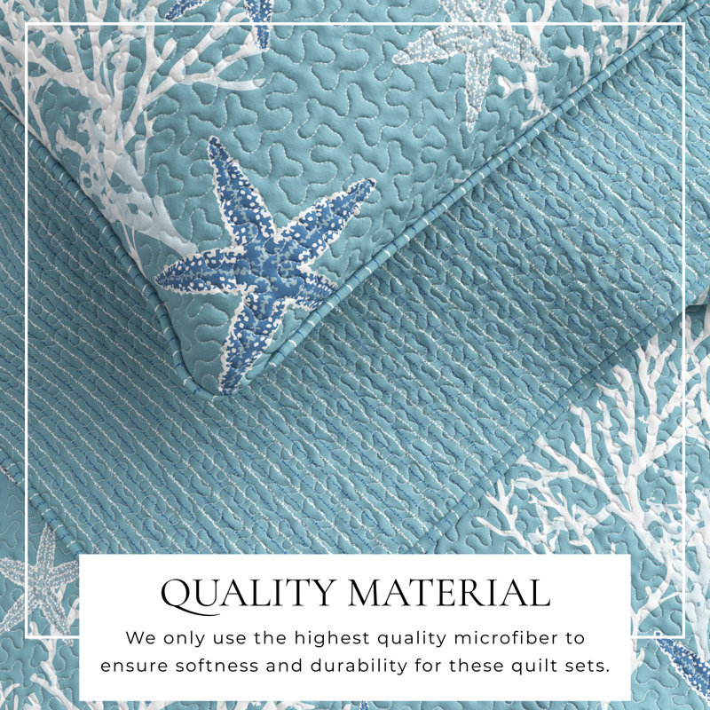 FreshFolds Coral / Starfish Reversible Coastal Quilt Set with Shams ...