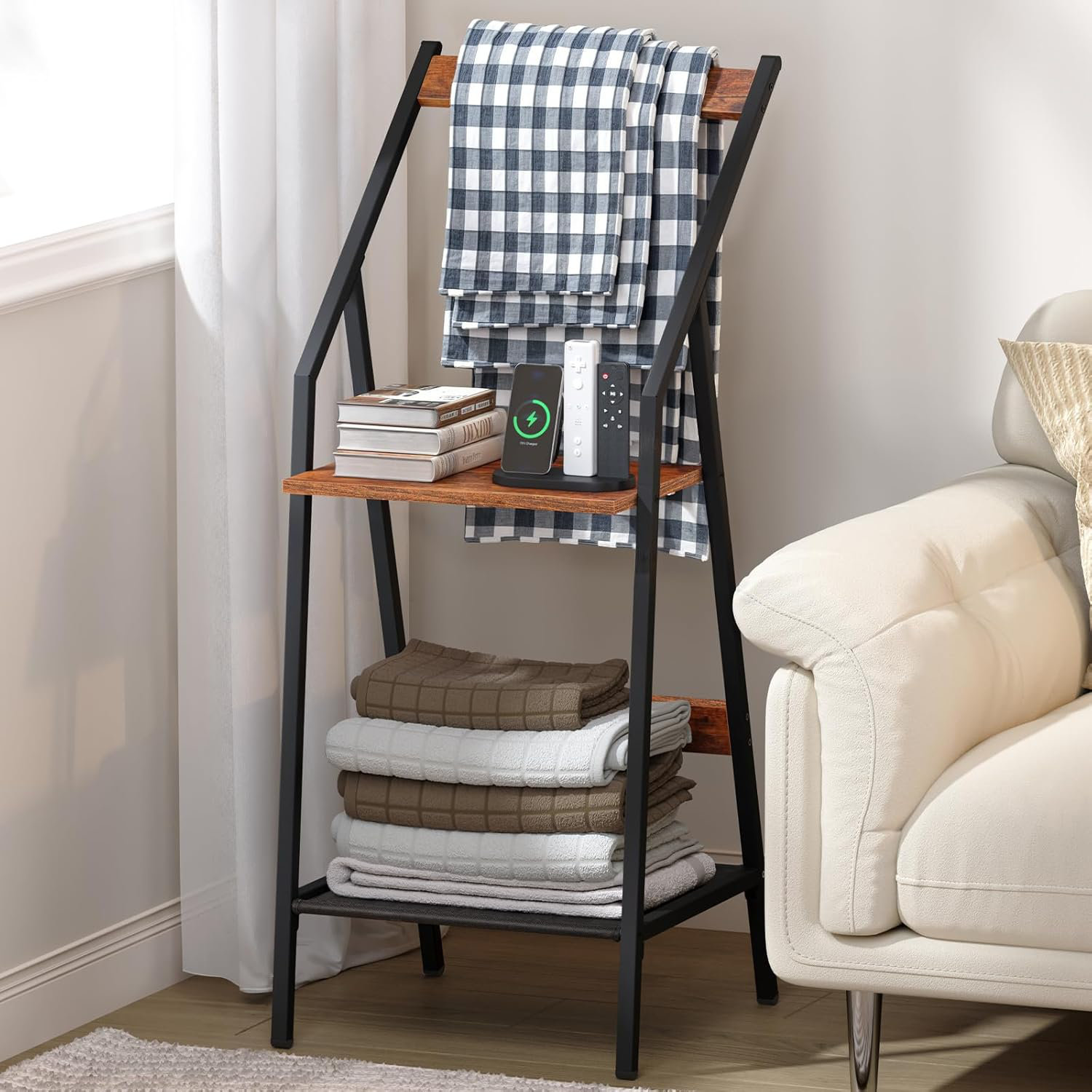 17 Stories Free Standing Blanket Ladder For Living Room, Ladder Shelf ...