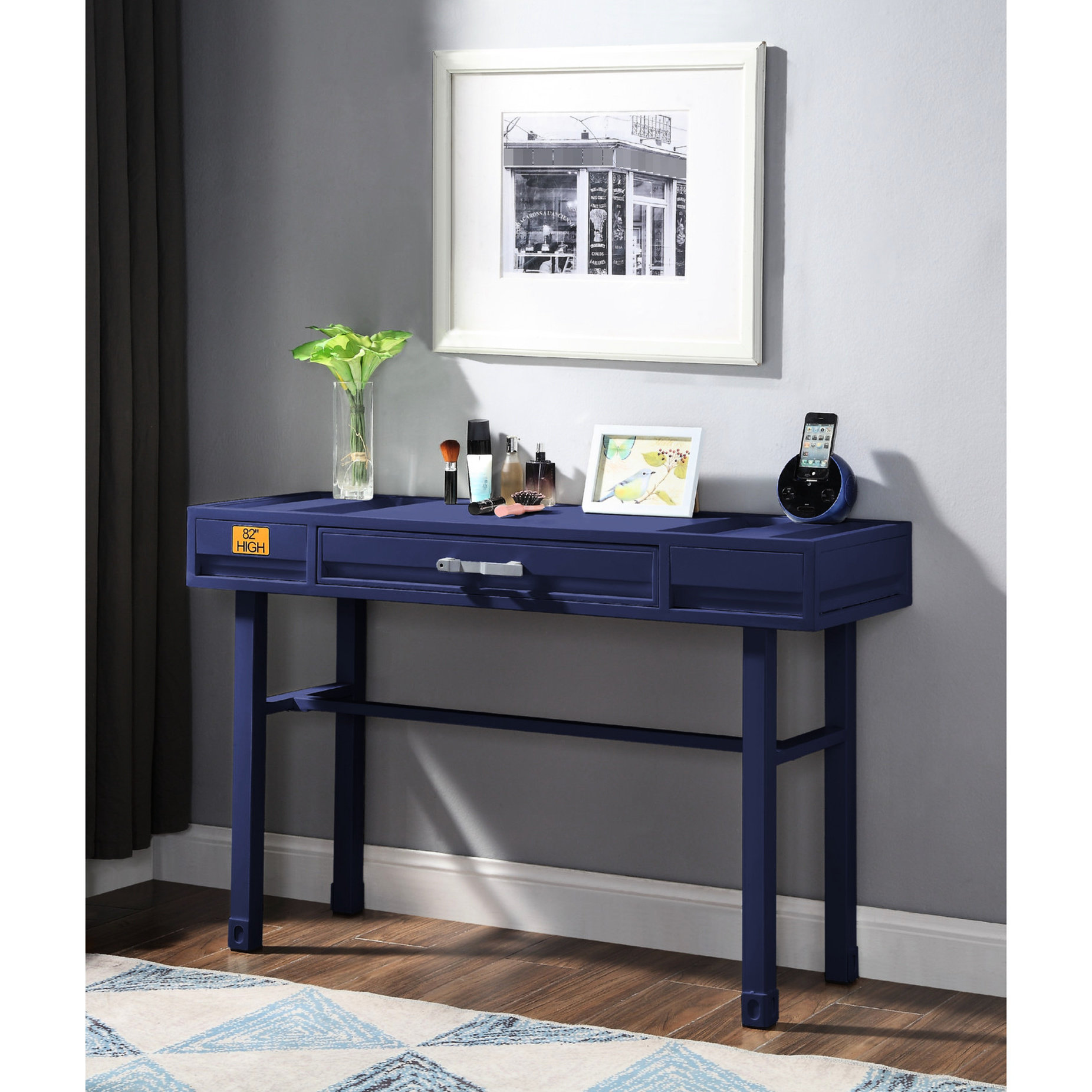 17 Stories ????? Blue One Drawer Metal Vanity Desk, Recessed Panels ...