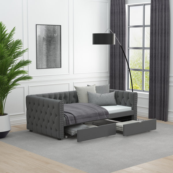 Lark Manor Divan-lit rembourré capitonné de taille simple avec tiroirs ...