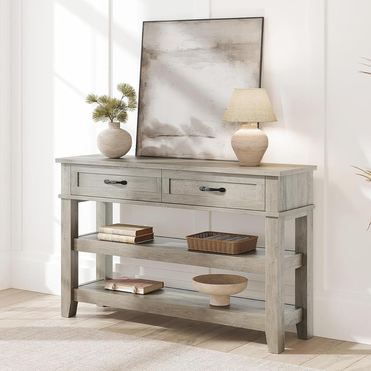 Gracie Oaks Zayer 47” Console Table with 2 Storage Drawers, Farmhouse Sofa Table, Behind Couch ...