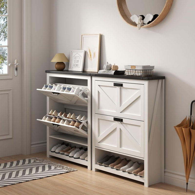 Gracie Oaks Farmhouse Shoe Cabinet, Free Standing Tipping Bucket Shoe ...