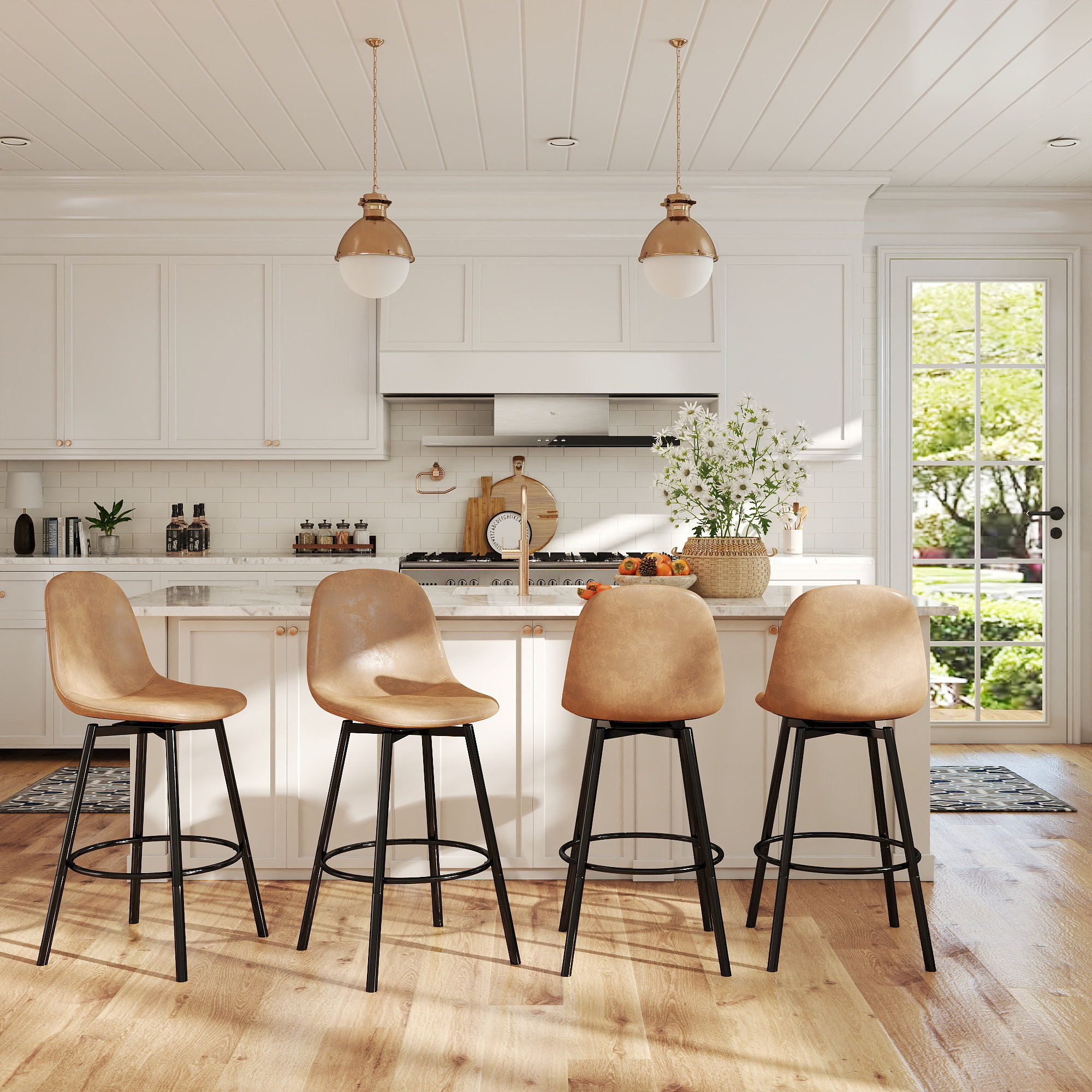 Latitude Run® Upholstered Cognac Brown Swivel Counter Stools with Black ...