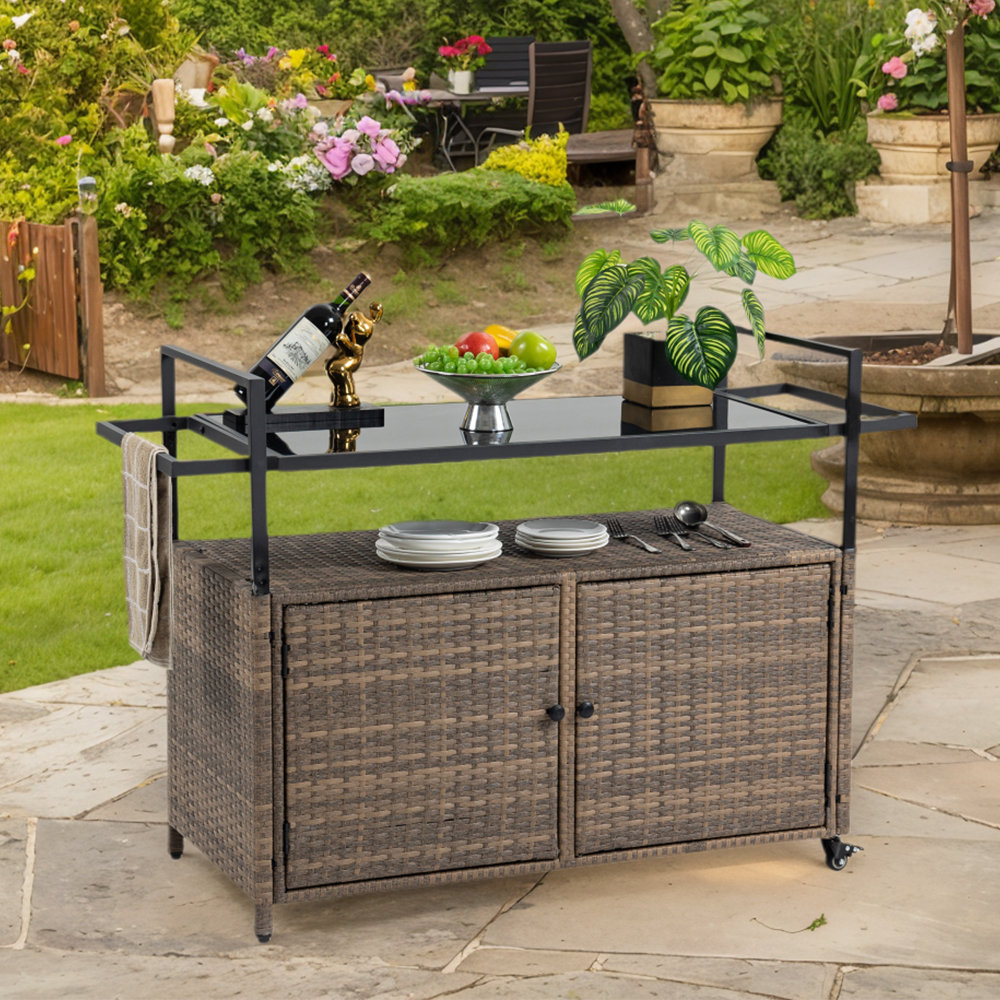 Arlmont & Co. Senona Portable Outdoor Wicker Bar Table, Wheels, Glass ...