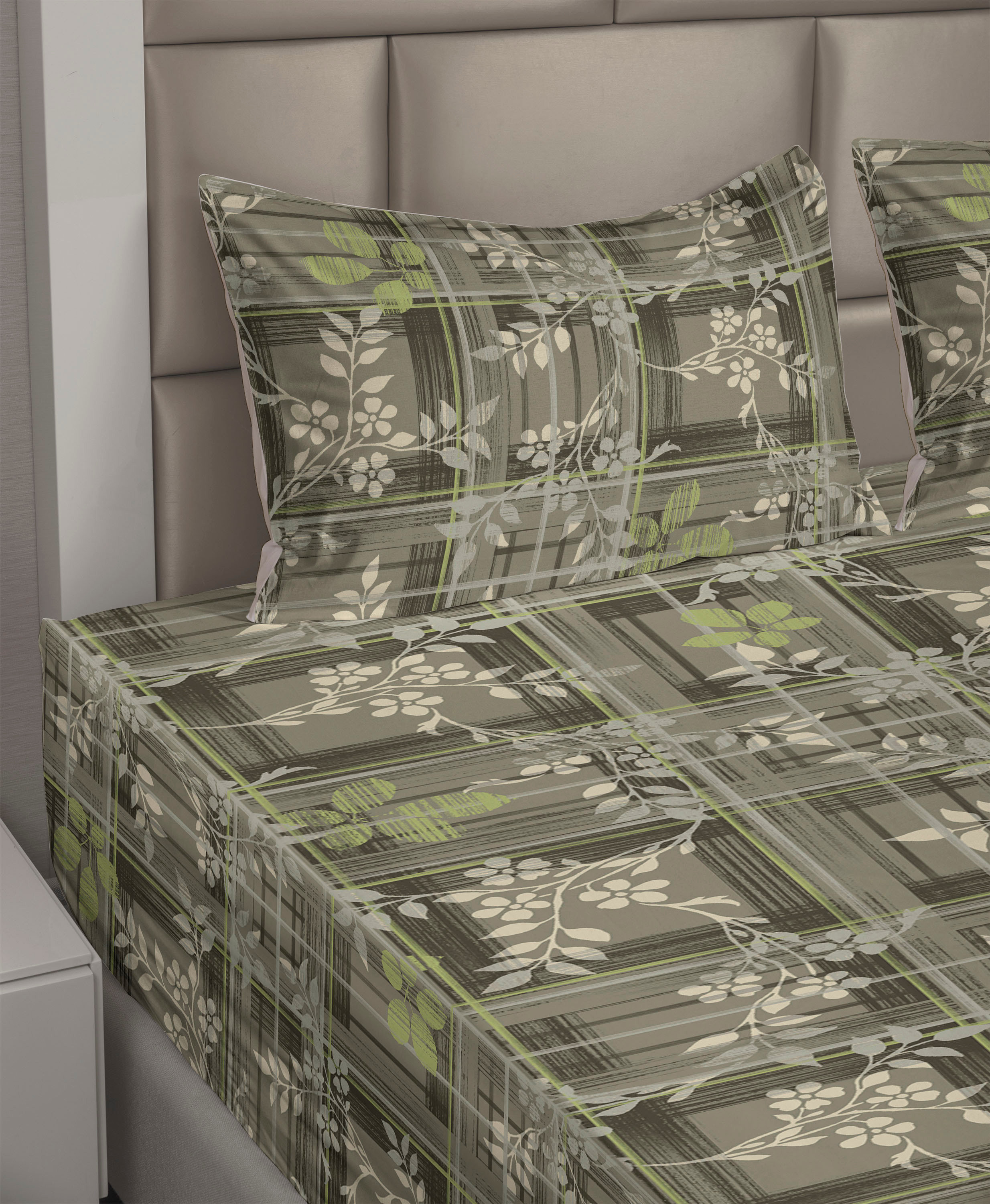 Ambesonne Floral Design Sheet Set Plaid with Floral Pistachio Green ...
