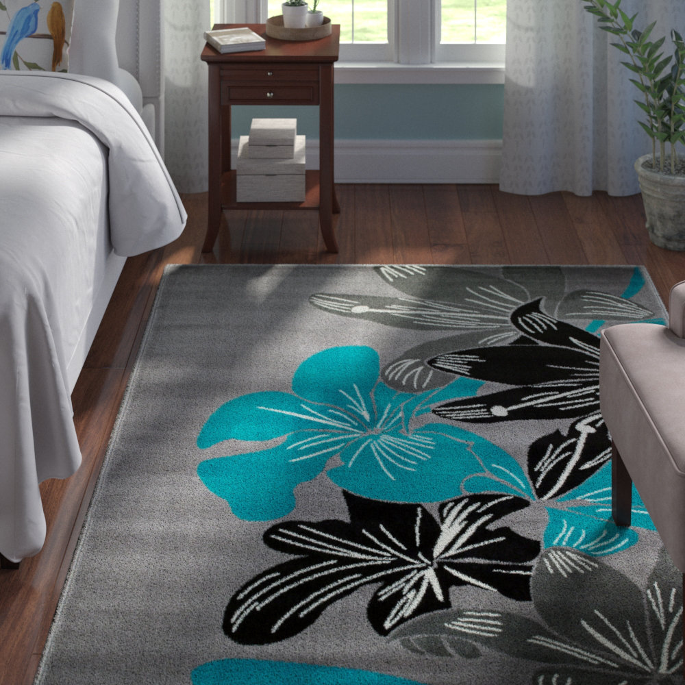 Winston Porter Albee Floral Gray/Black/Blue Area Rug & Reviews | Wayfair