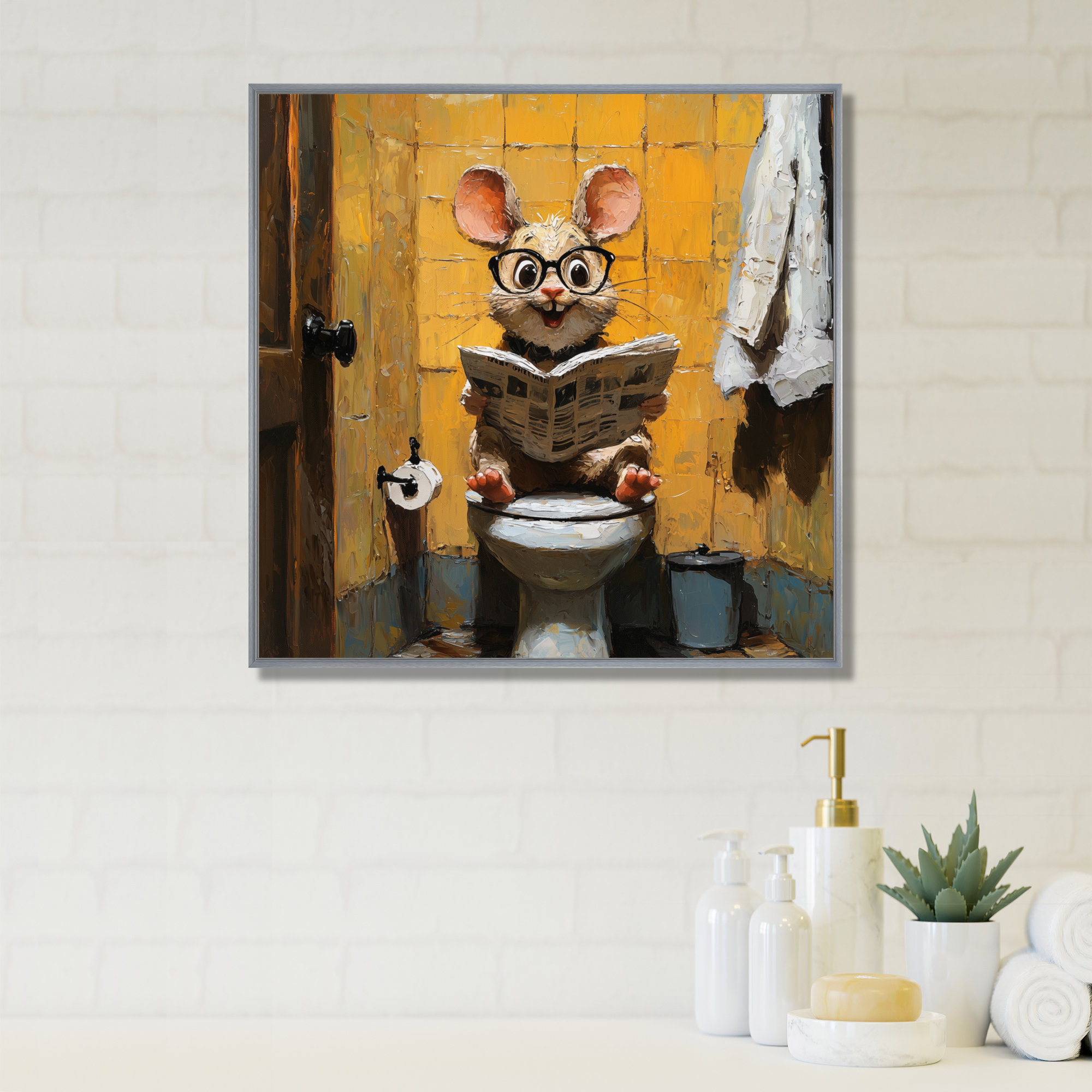Trinx Kele A Cute Mouse Sitting At The Toilet I - Toilet Wall Art for ...