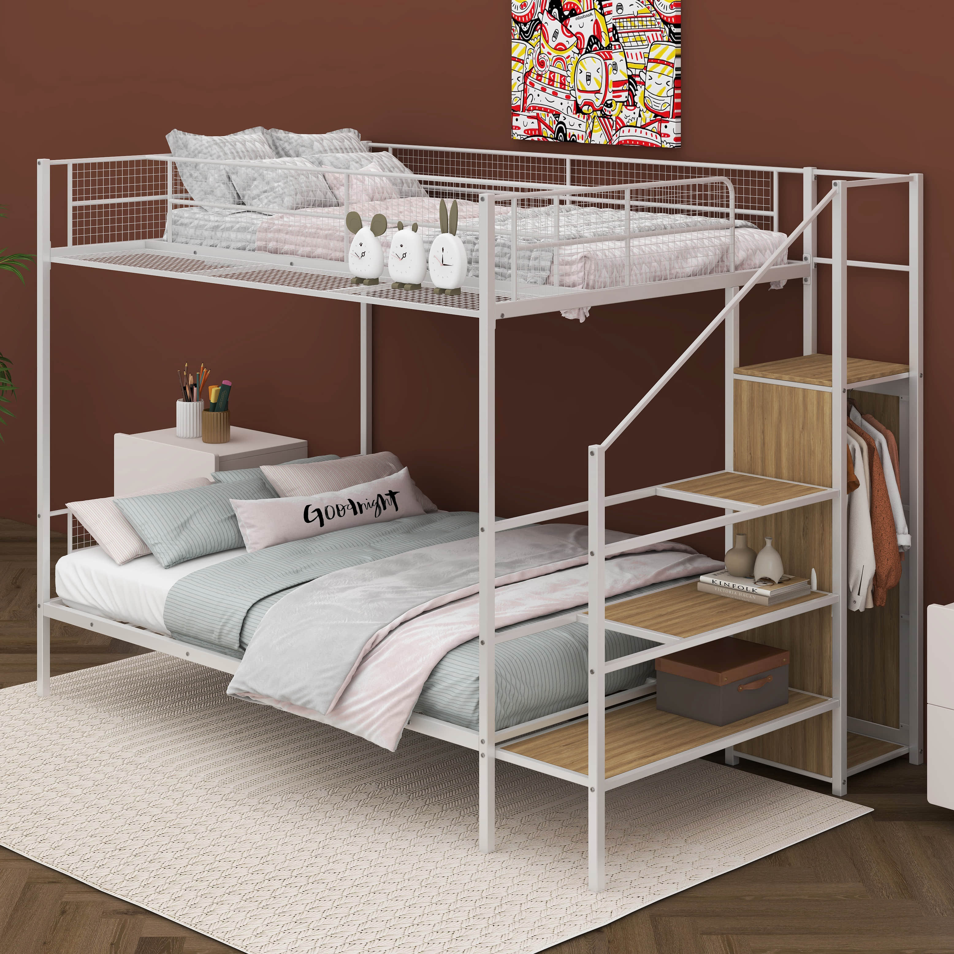 Mason & Marbles Beare Twin Over Full Metal Bunk Bed With Wire Shelving ...