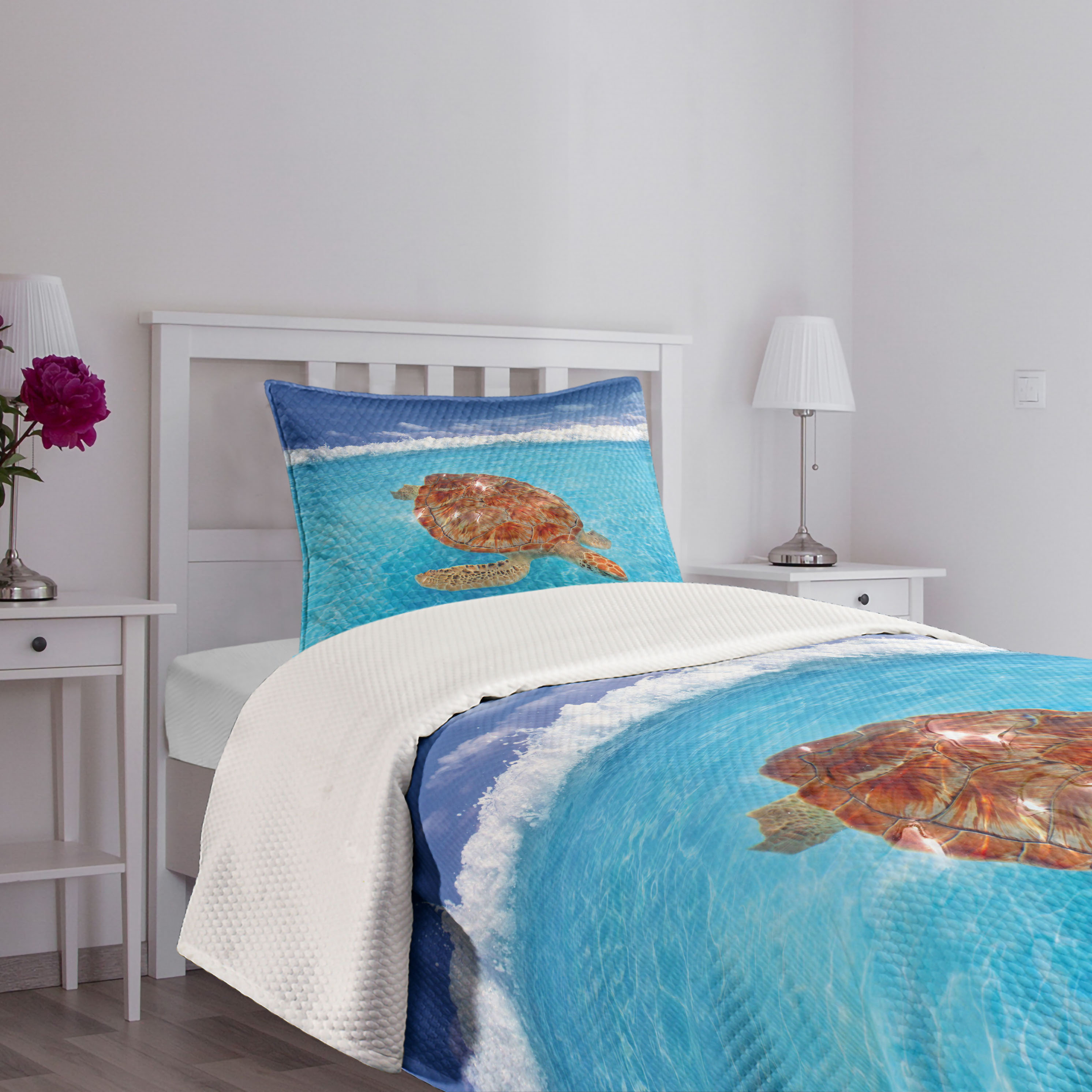 Ambesonne Turtle Bedspread Set Chelonia Water Surface Violet Blue Pale ...