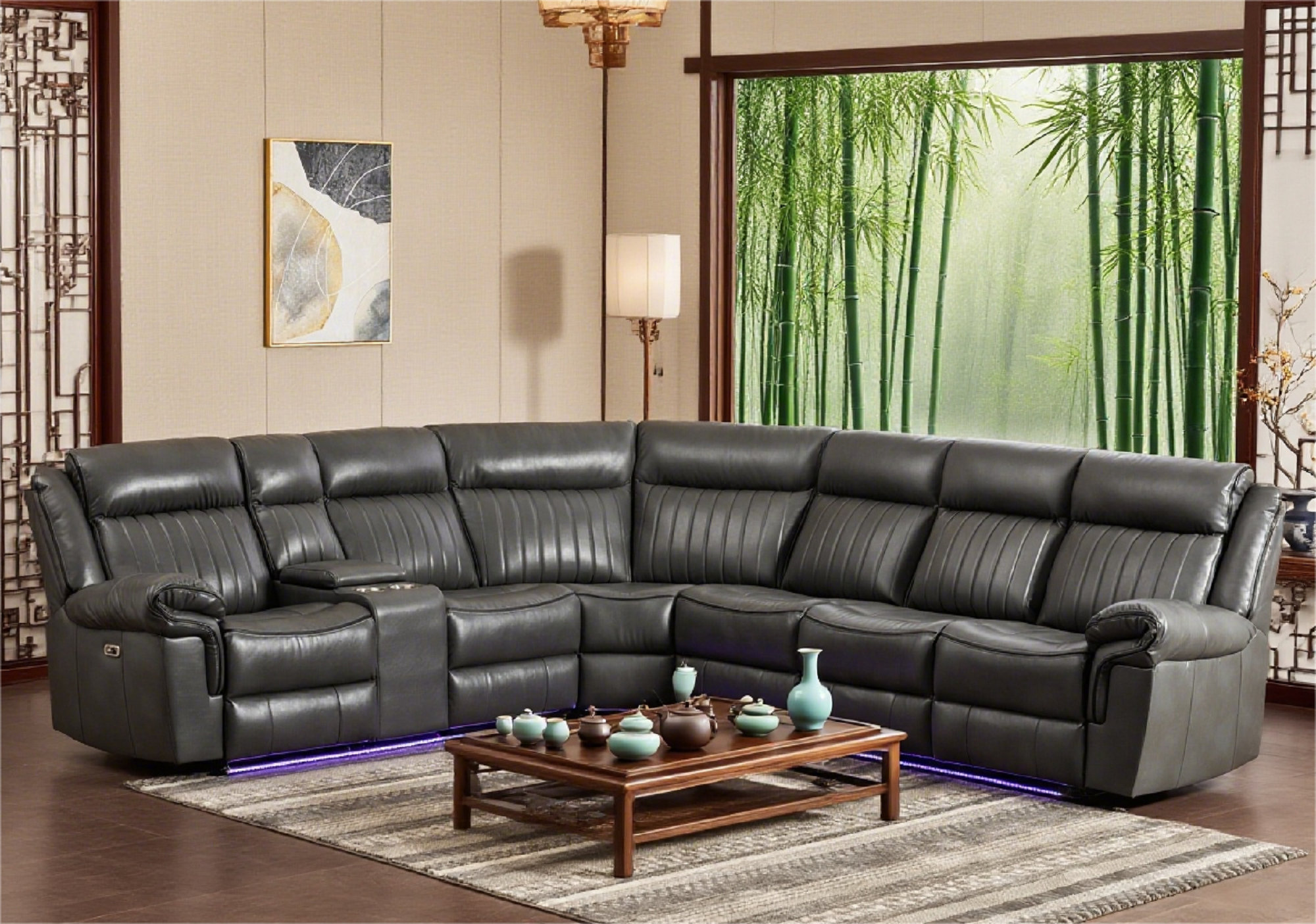 Orren Ellis Power Reclining Sectional Black Faux Leather Sofa Set With ...