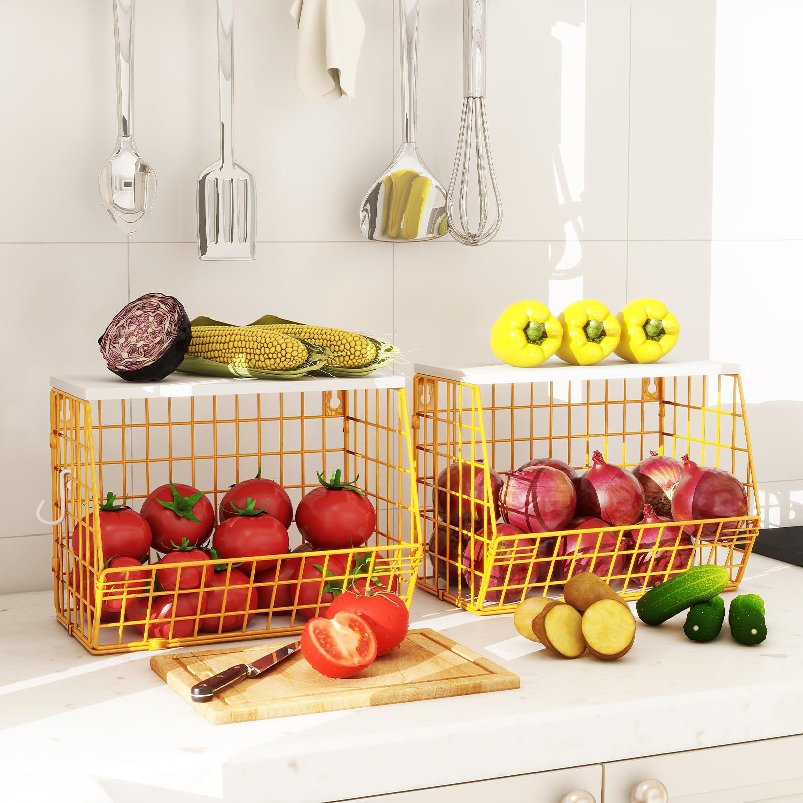Mercer41 Gold 2 Tier Stackable Fruit Basket, Kitchen Organizer With ...