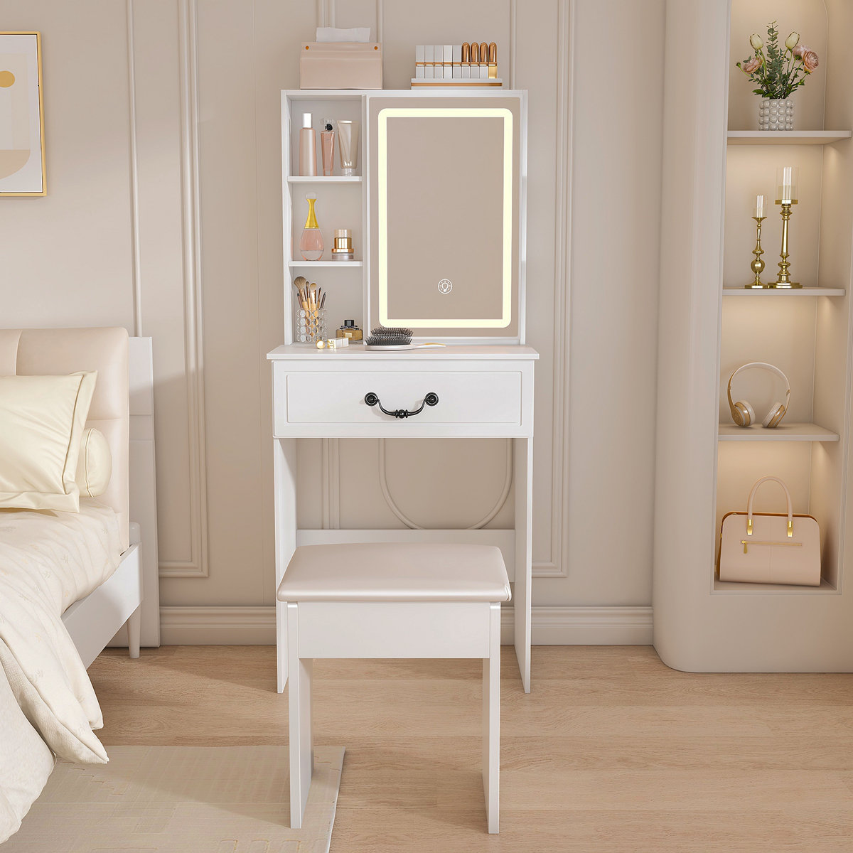 George Oliver Modern Mini Dressing Table With LED-Lit Mirror & Hidden ...