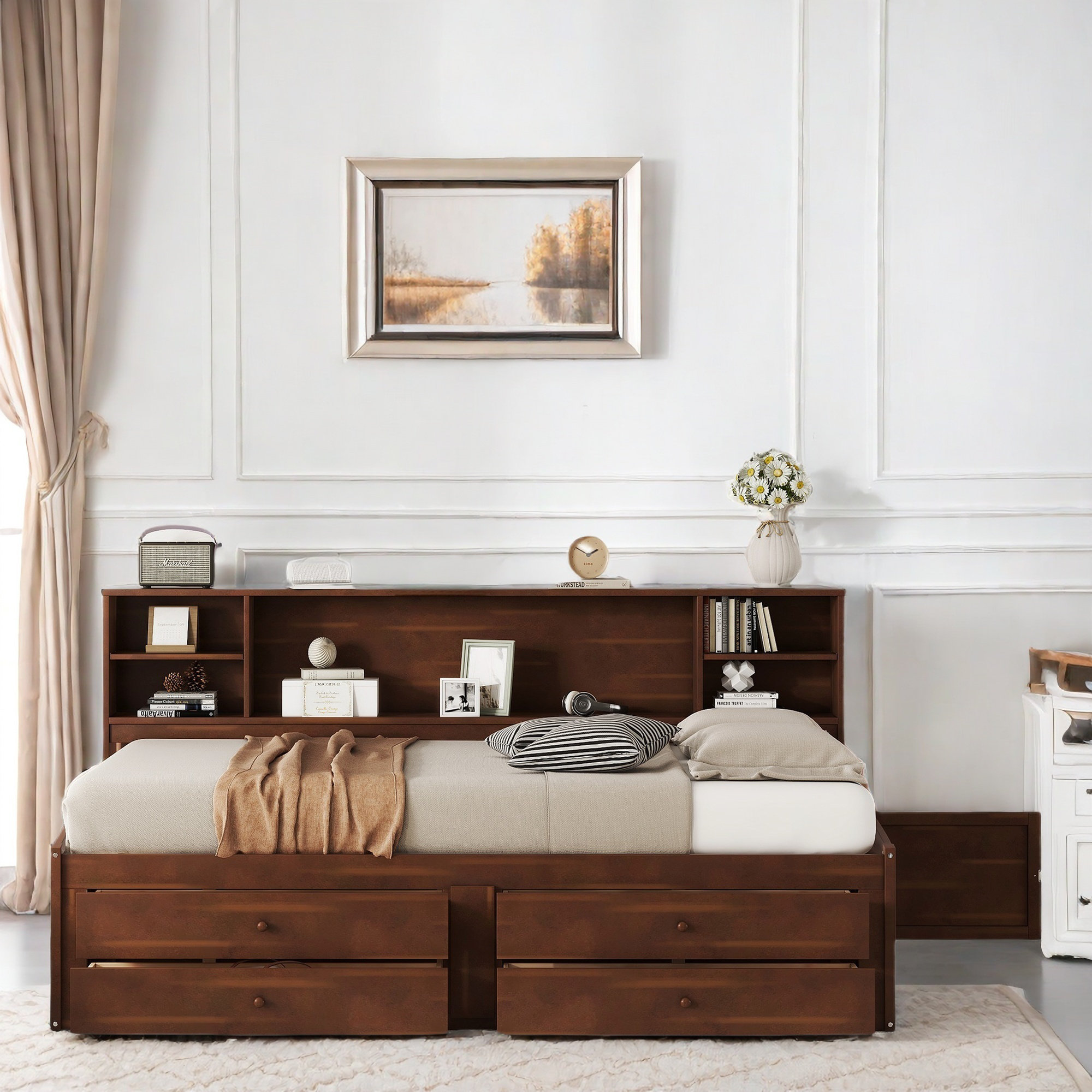 Lark Manor Classic Wooden Captain Bed With Built-in Storage Shelves, 4 ...