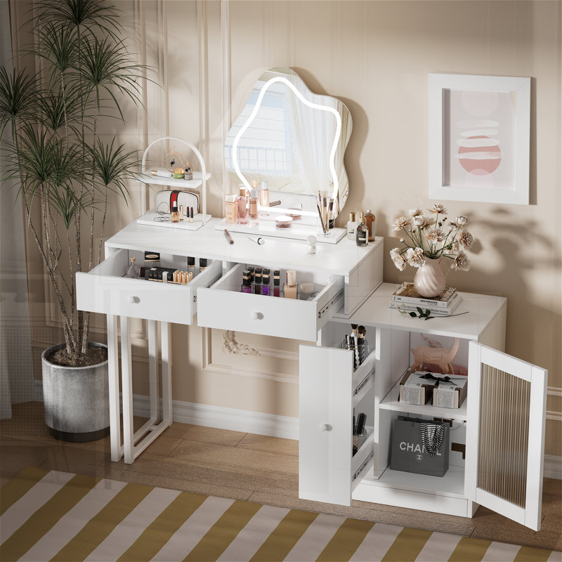 Wrought Studio™ Fuzail Makeup Vanity with 3-Color Touch Screen Lighted ...