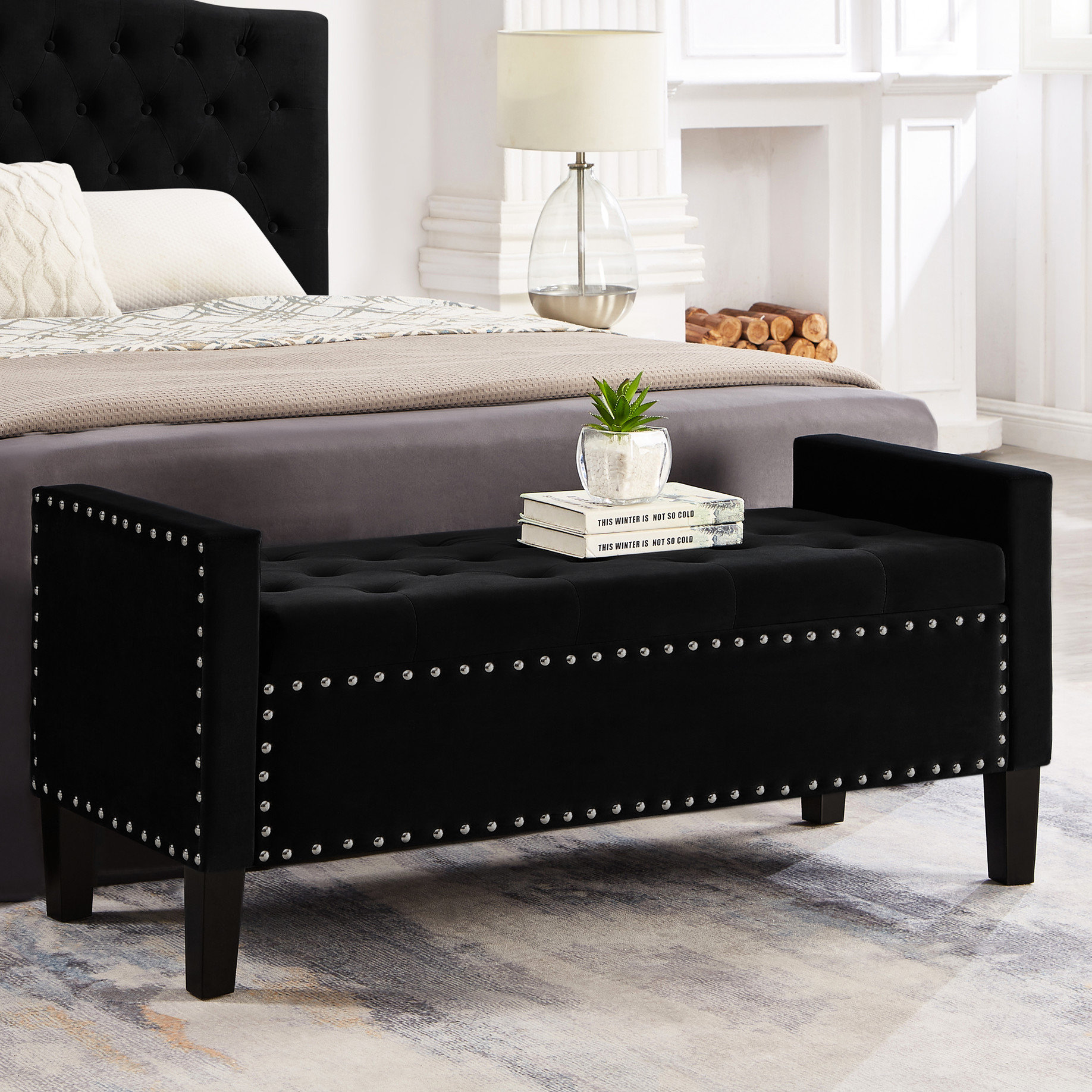 Mercer41 Grey Velvet Armrest Bench With Storage. Buttons, Wood ...