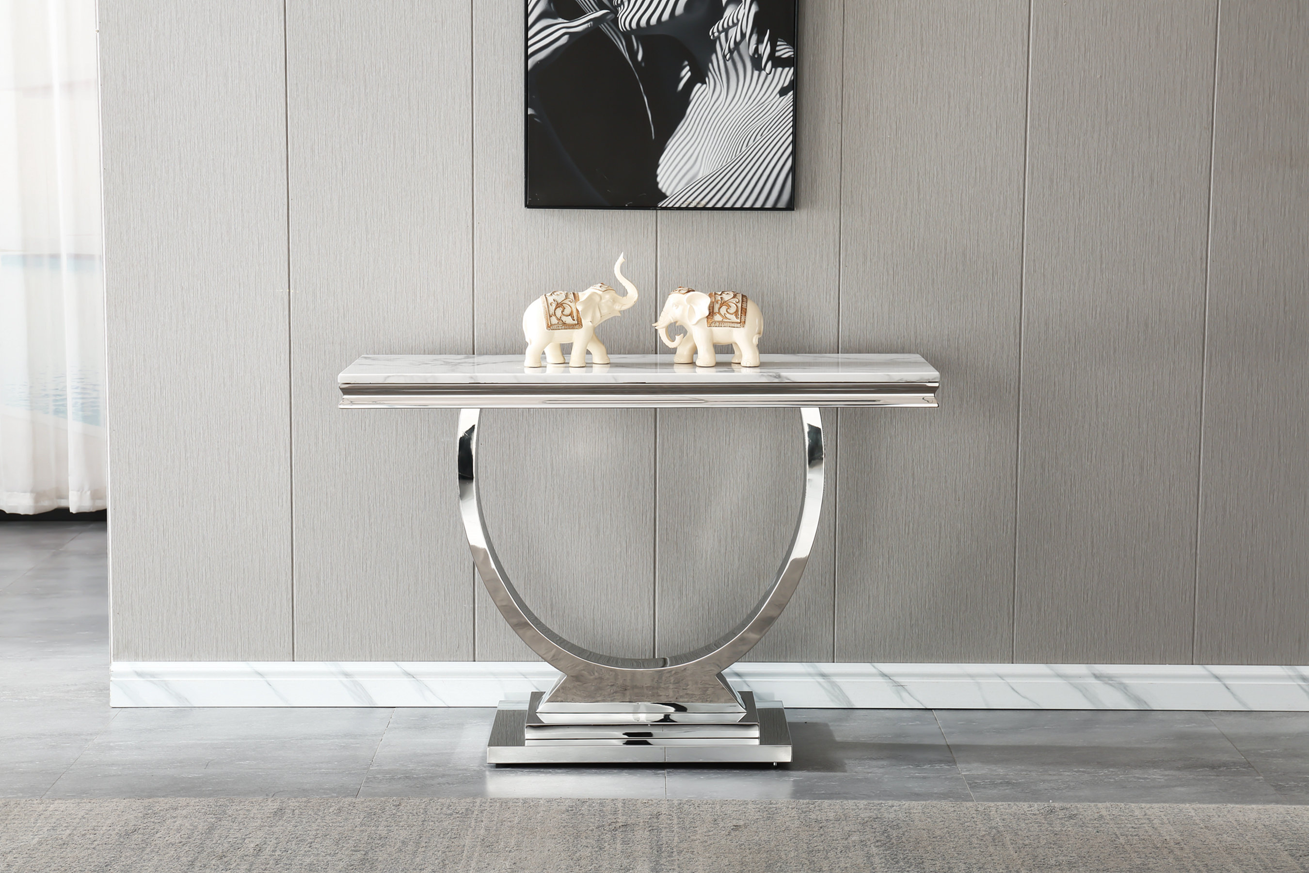 Everly Quinn Modern Rectangular Marble Console Table U-Shape Stainless ...