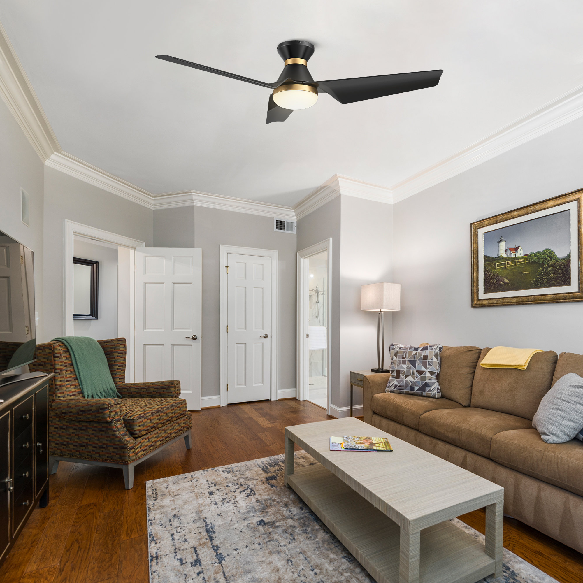 Latitude Run® 52" Emmly 3 - Blade LED Smart Flush Mount Ceiling Fan ...