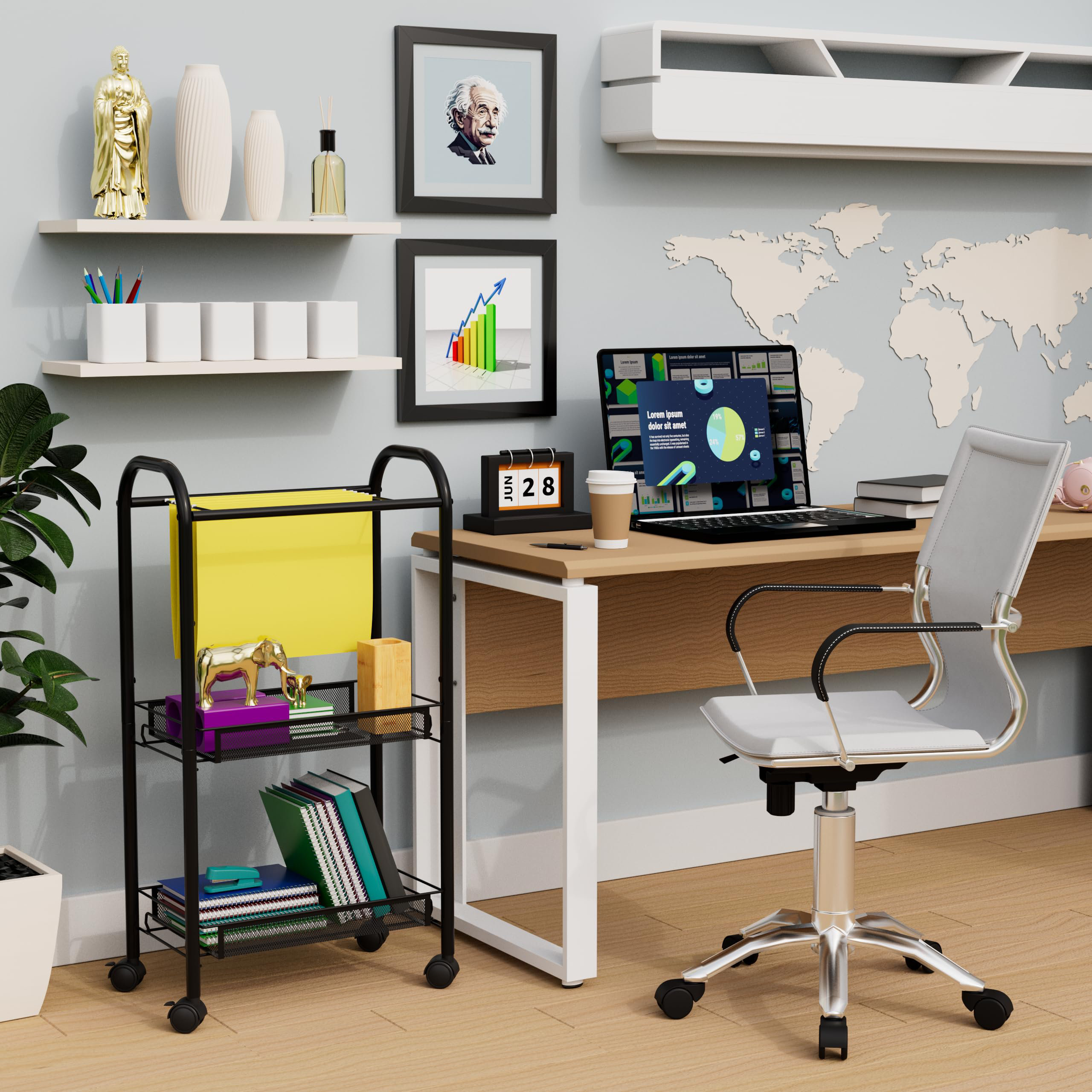 17 Stories 2-Tier Rolling File Cart With Lockable And Detachable Wheels ...