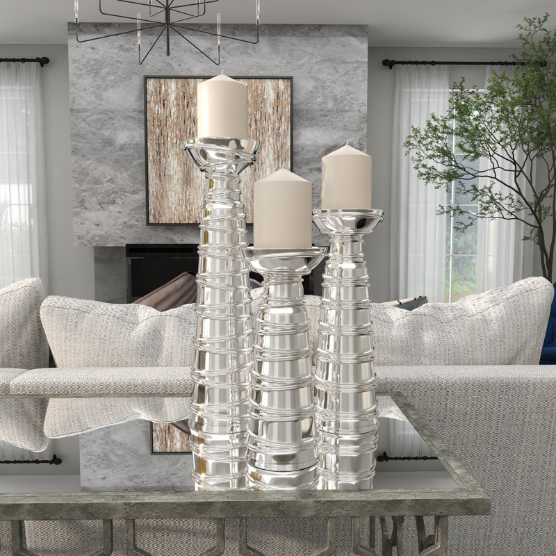 Mercer41 Ceramic Abstract Wrapped Decorative Silver Candle Holder Set ...
