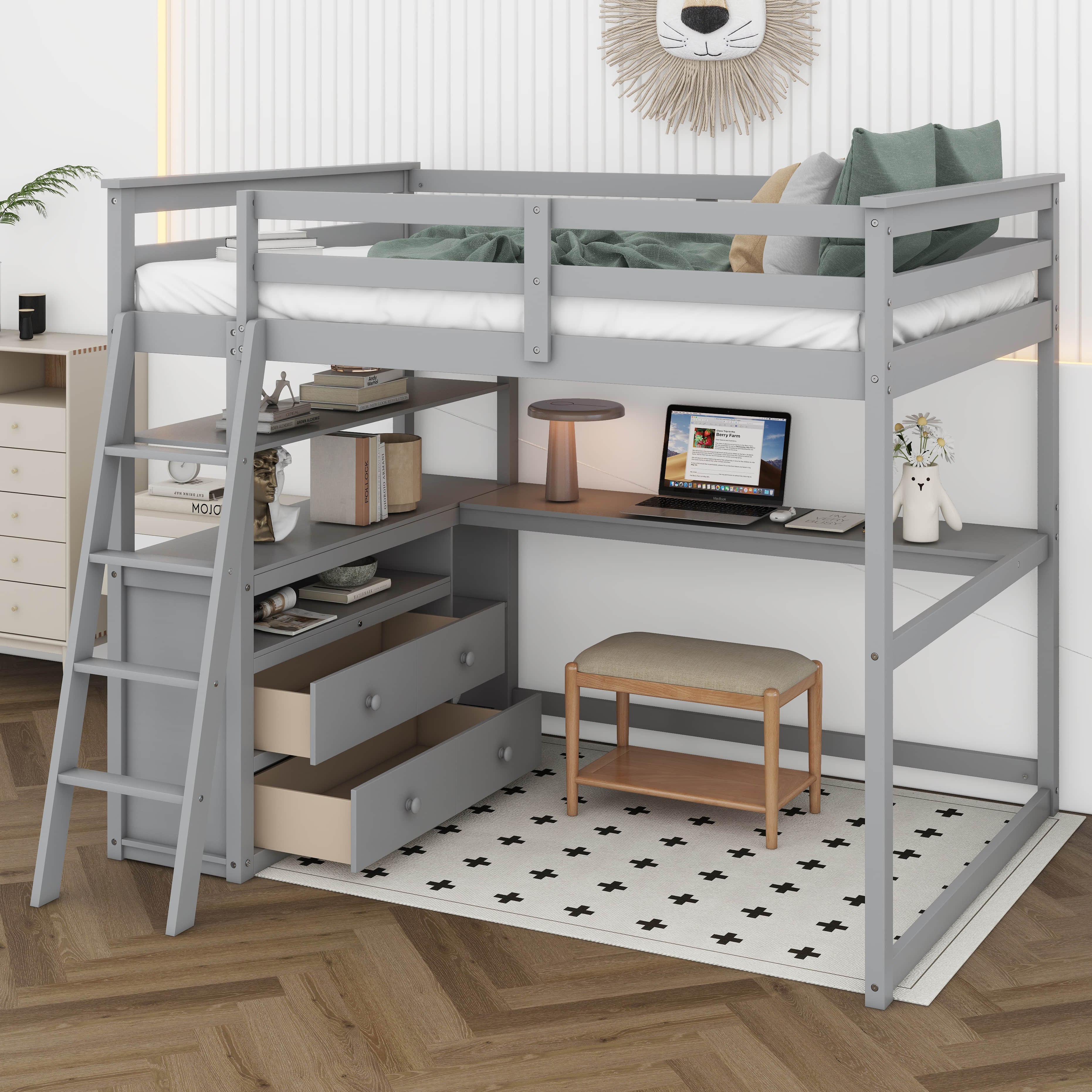 Harriet Bee Lit mezzanine double avec bureau et tiroirs de rangement, structure de lit mezzanine ...