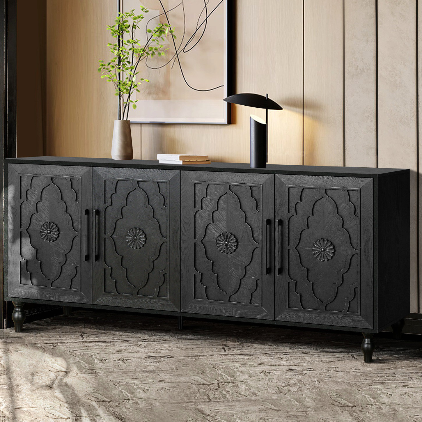 George Oliver Carved Flower Door Large Storage Cabinet With Metal ...