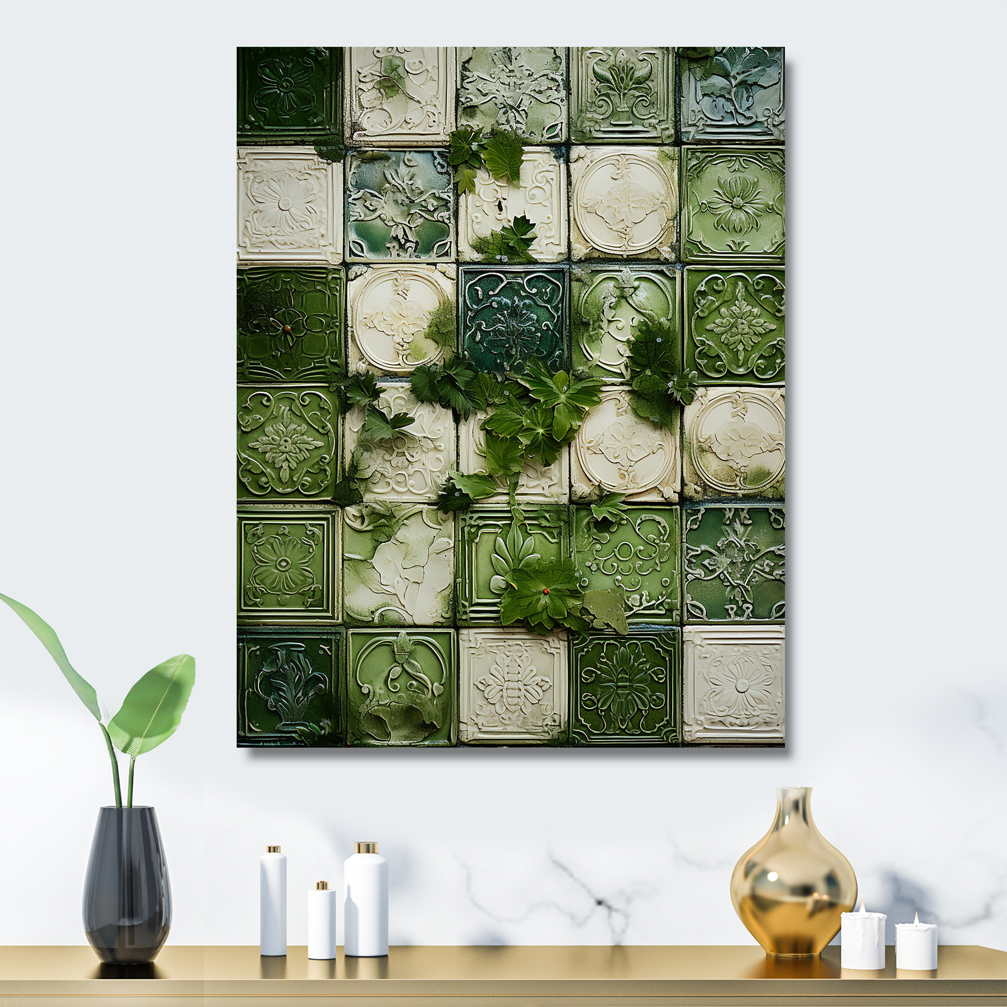 Bungalow Rose Botanicals Green Floral Tiles IV - Abstract Tile Metal ...
