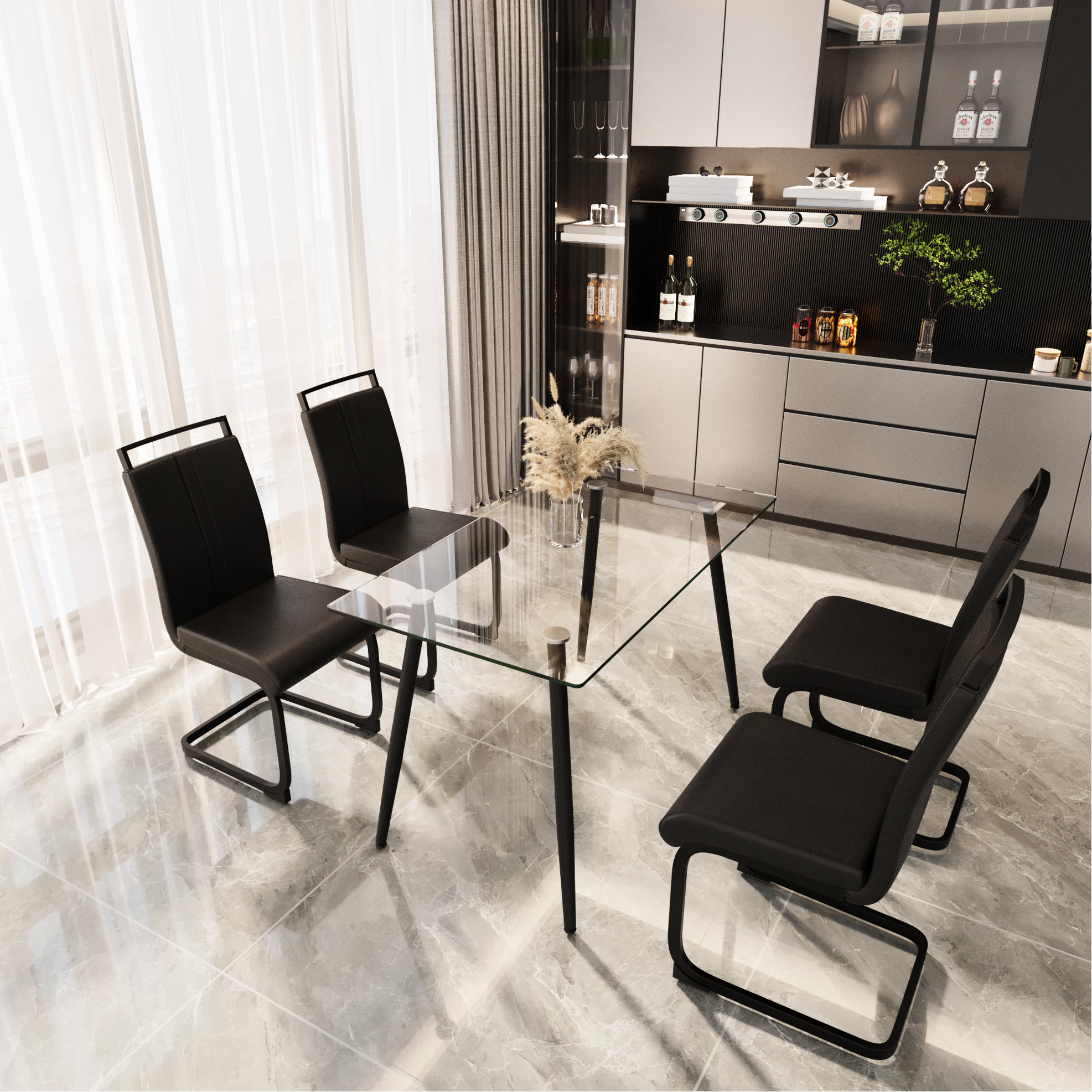 Ivy Bronx Rectangle Glass Dining Table For 4, Metal Legs, Spacious And ...