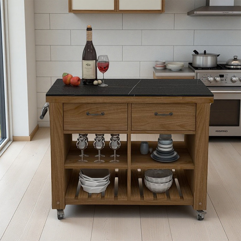 Gracie Oaks Cobbs Removable Rectangular Faux Marble Kitchen Island ...