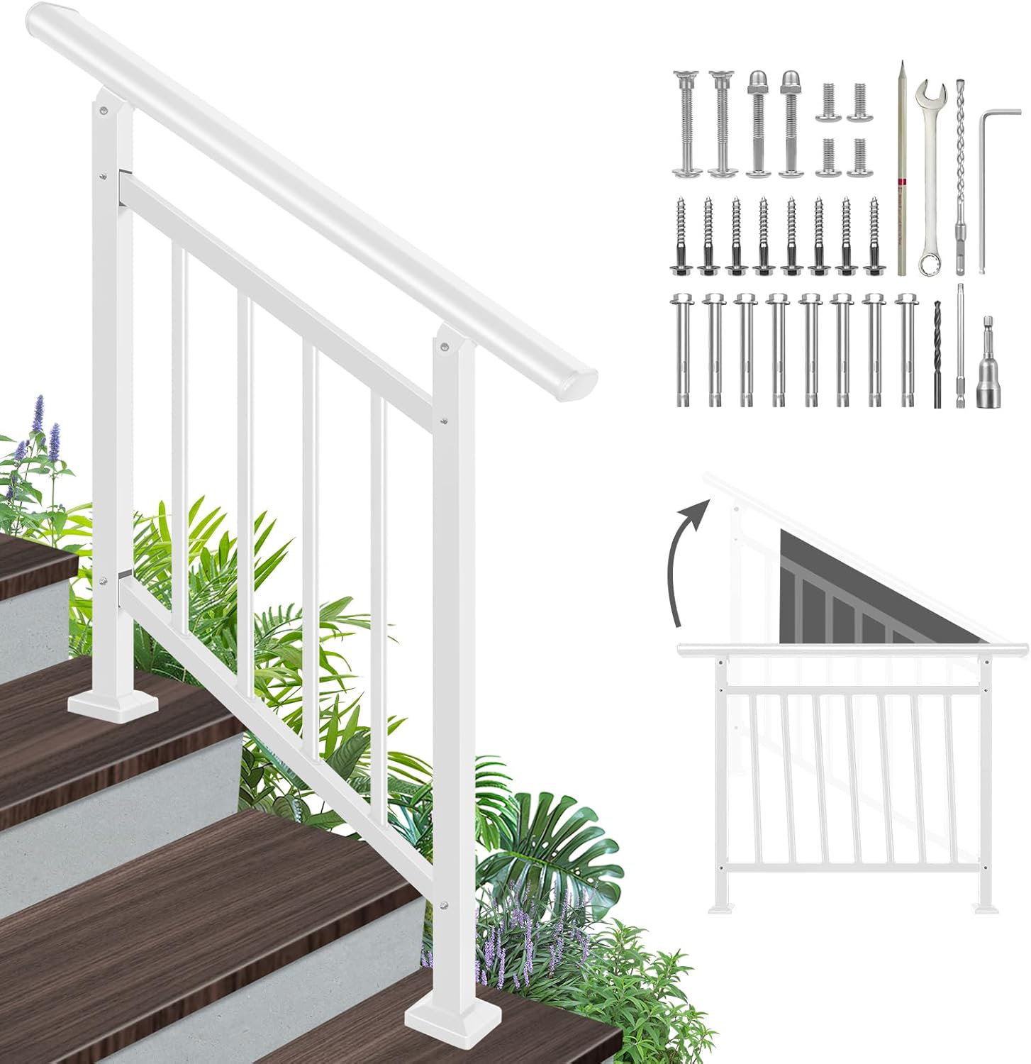 SIPIROT Adjustable Outdoor Step Handrails - Fits 3 Steps or Horizontal ...