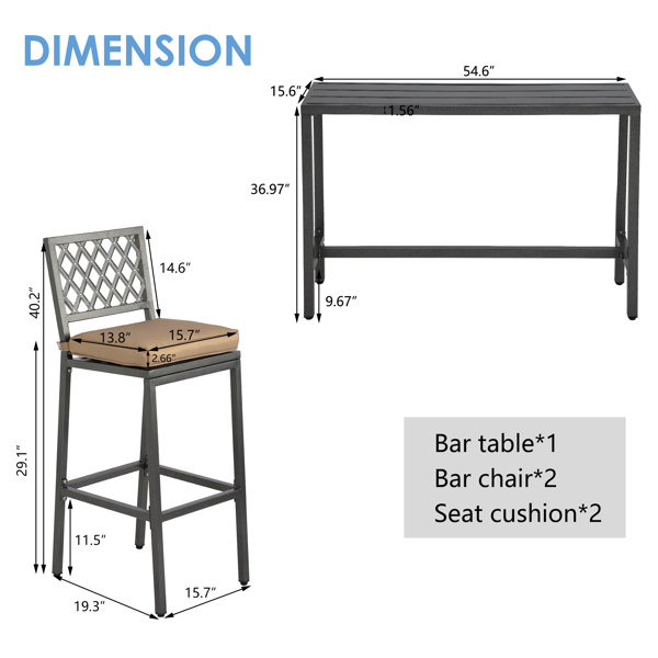 Latitude Run® 2-person Long Bar Height Patio Dining Set Outdoor Counter ...