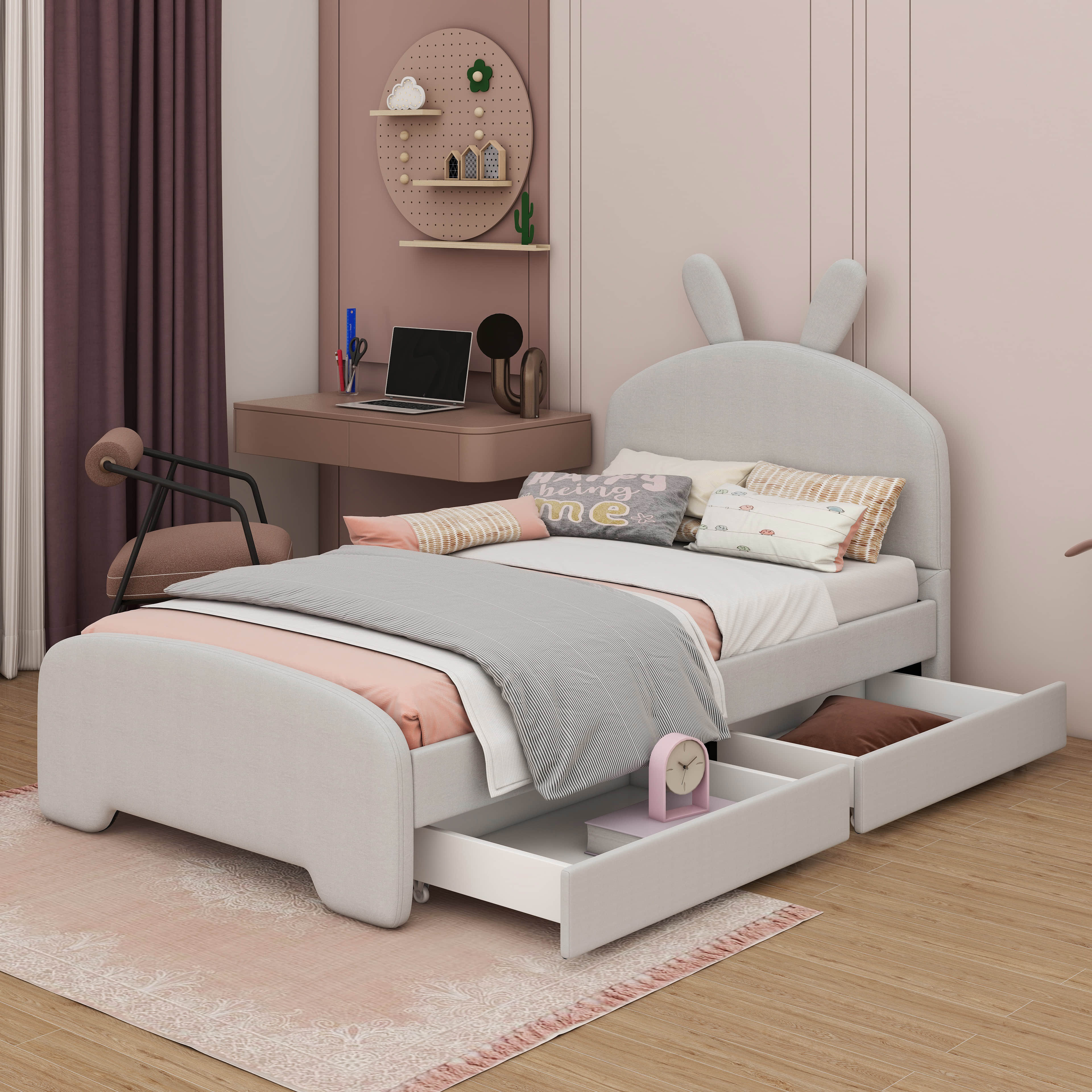 Mercer41 Twin Size Upholstered Platform Bed With Cartoon Ears Shaped ...