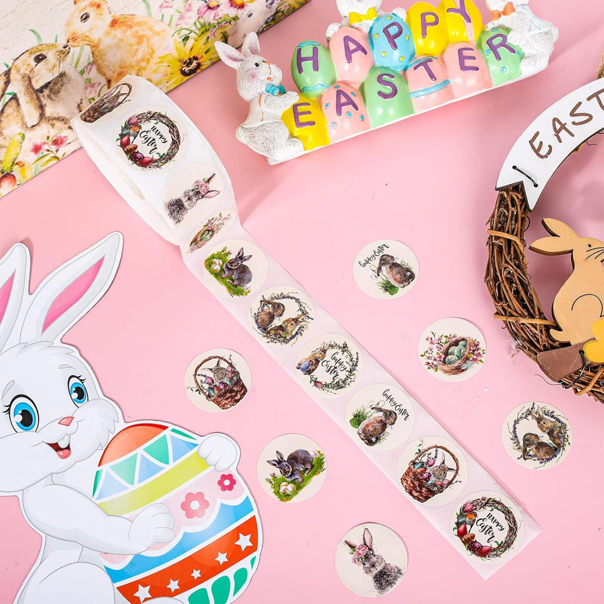 The Holiday Aisle® Easter Stickers Roll Watercolor Rustic Bunny Round ...