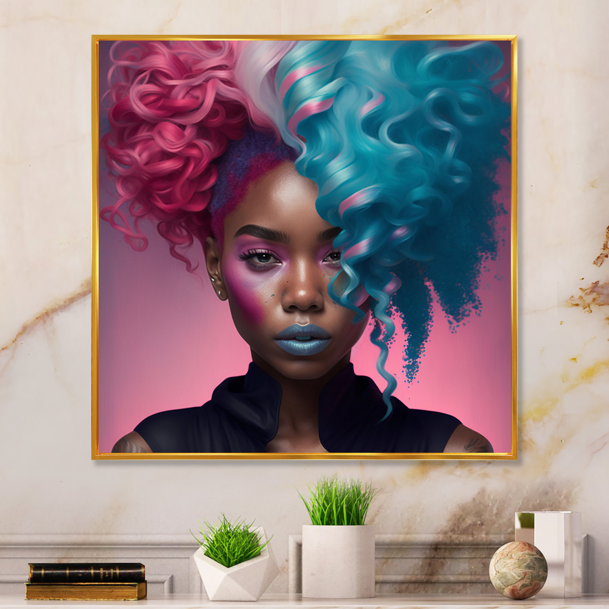 Design Art Hip Hop Girl with Pink and Blue Hair V - Print on Canvas ...