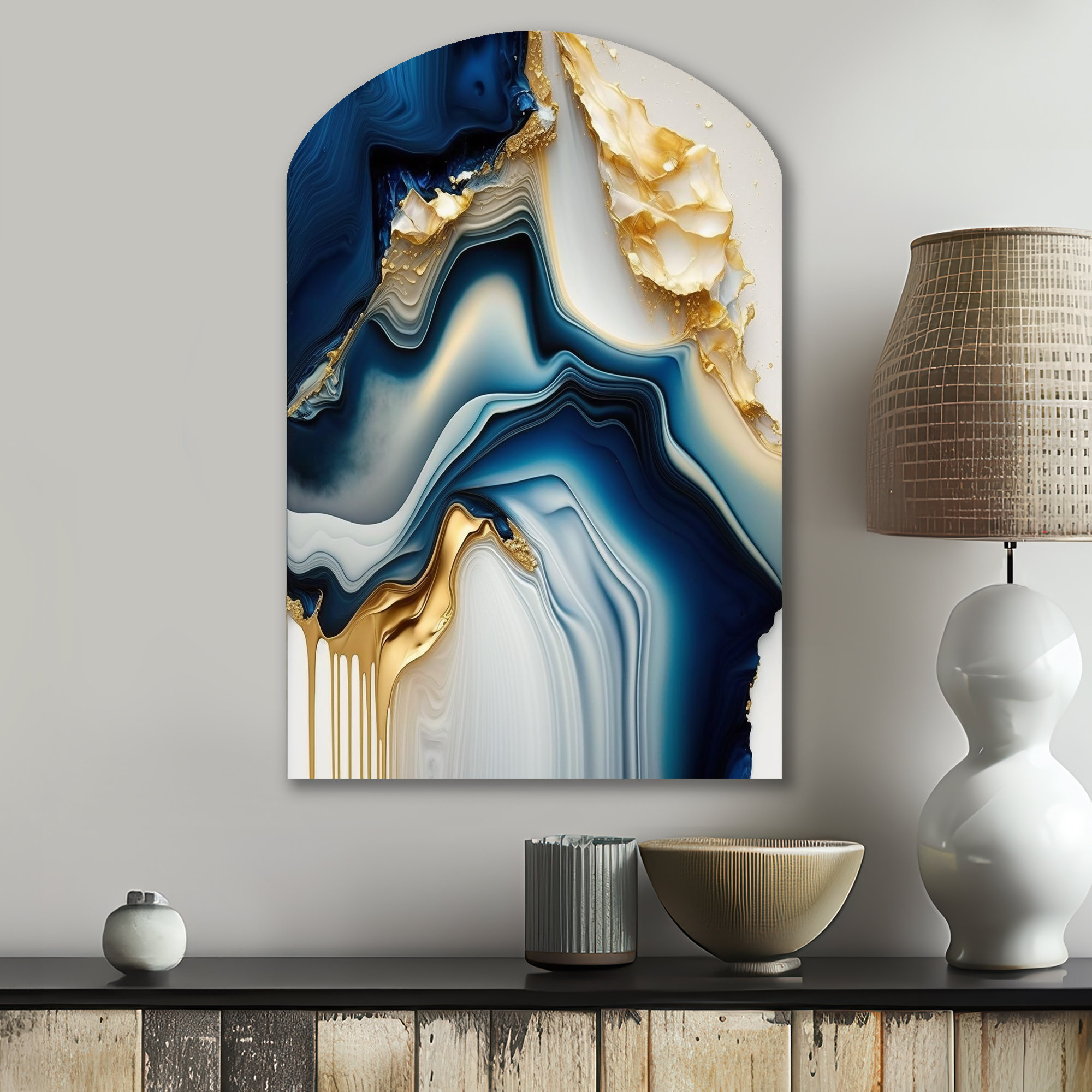 Design Art Abstract Geode Gold And Blue Marble II - Abstract Marble Arch Shape Asymmetric Metal ...