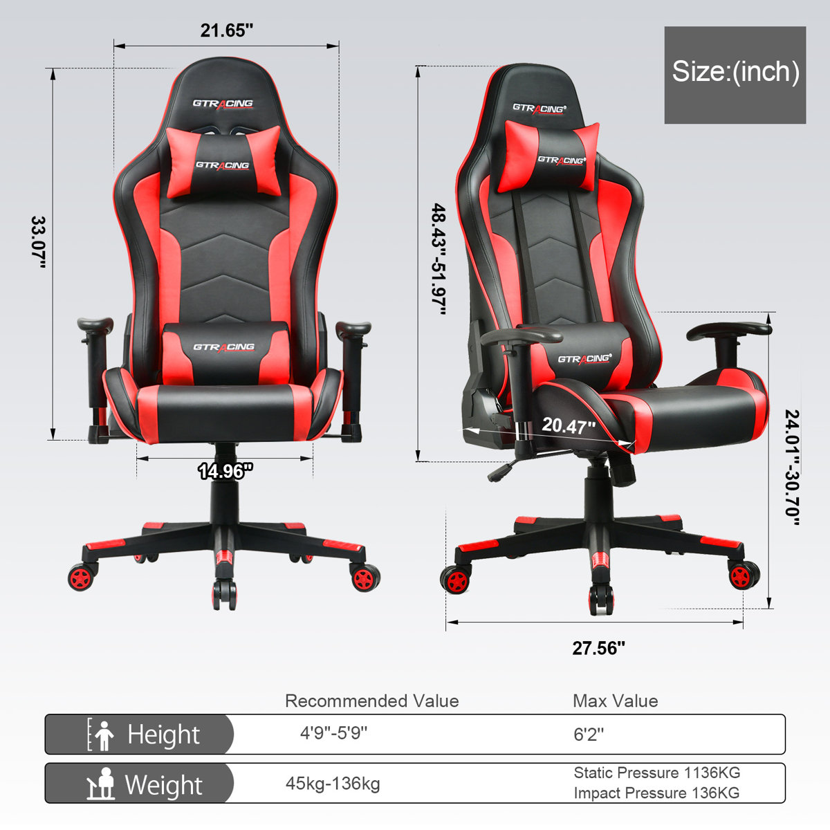 GTPLAYER Adjustable Reclining Ergonomic Faux Leather Swiveling PC ...
