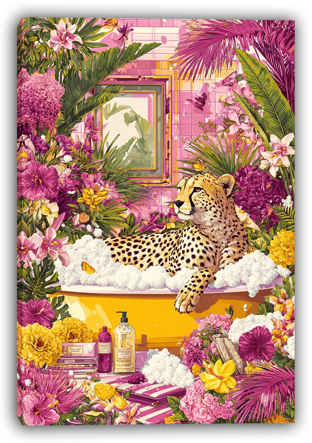 Trinx Golden Hour Retreat - Cheetah in a Pink Paradise Bath Art | Wayfair