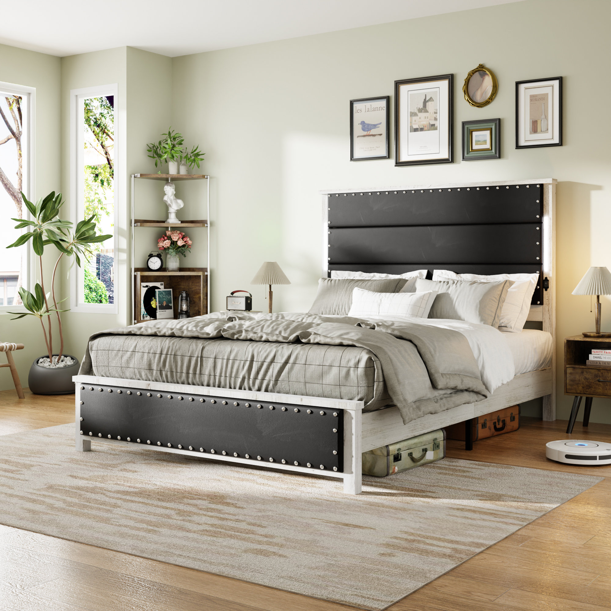 Ivy Bronx Bed Frame with Upholstered Headboard, Bed Frame with Charging ...