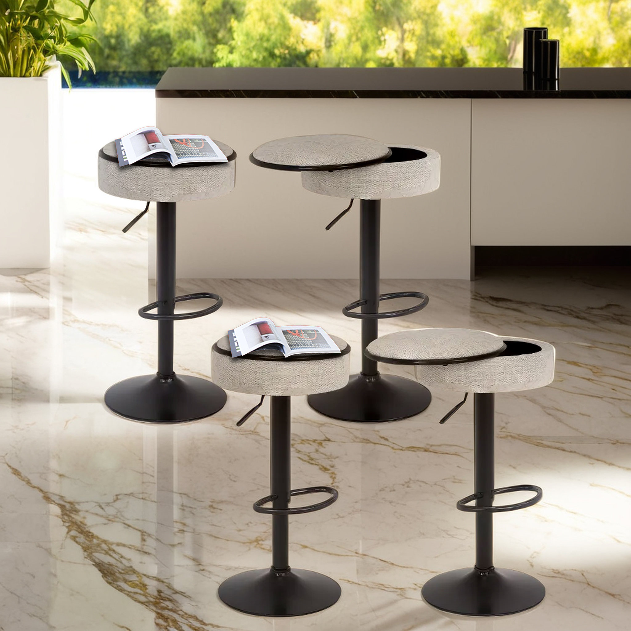 Hokku Designs Round Storage Bar Stool Adjustable Armless Linen (Set of ...