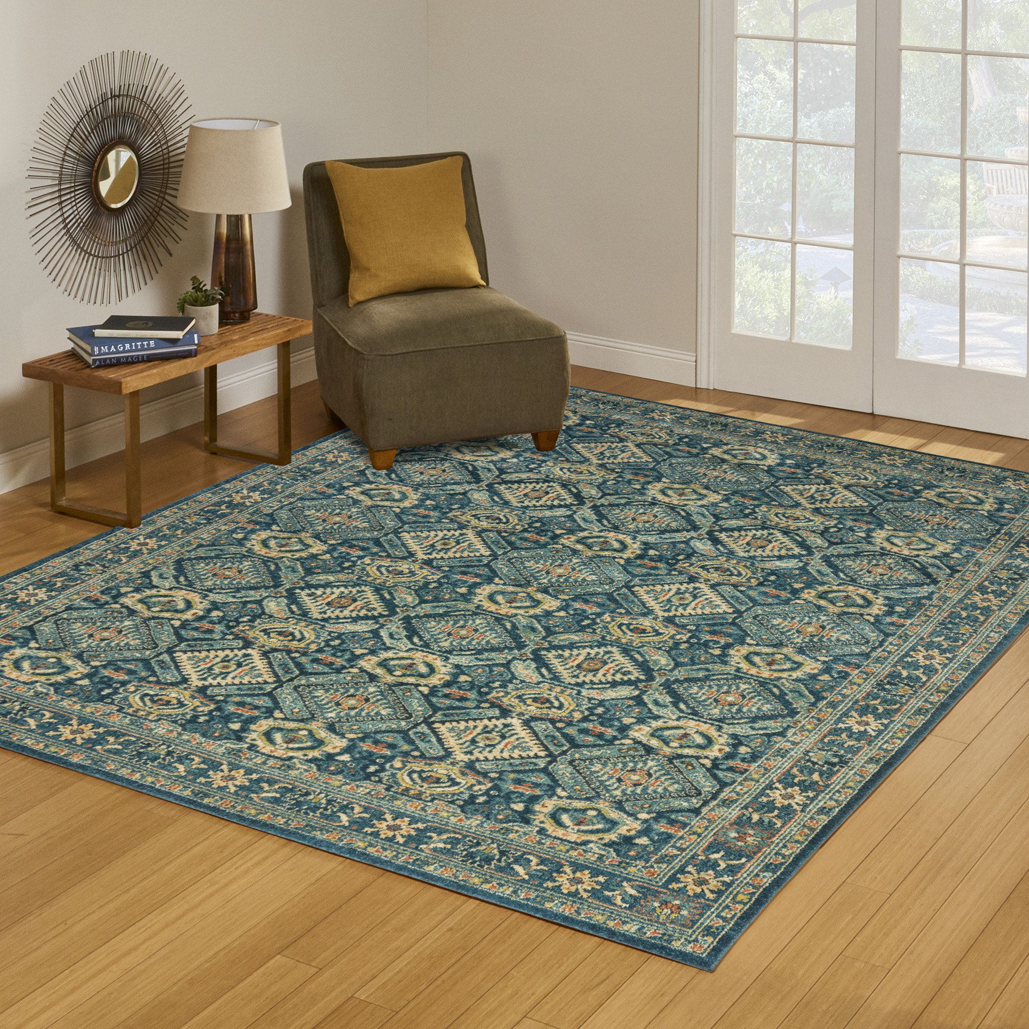 Gertmenian Oriental Floral Border Teal Blue/Cream Wide Border Area Rug ...
