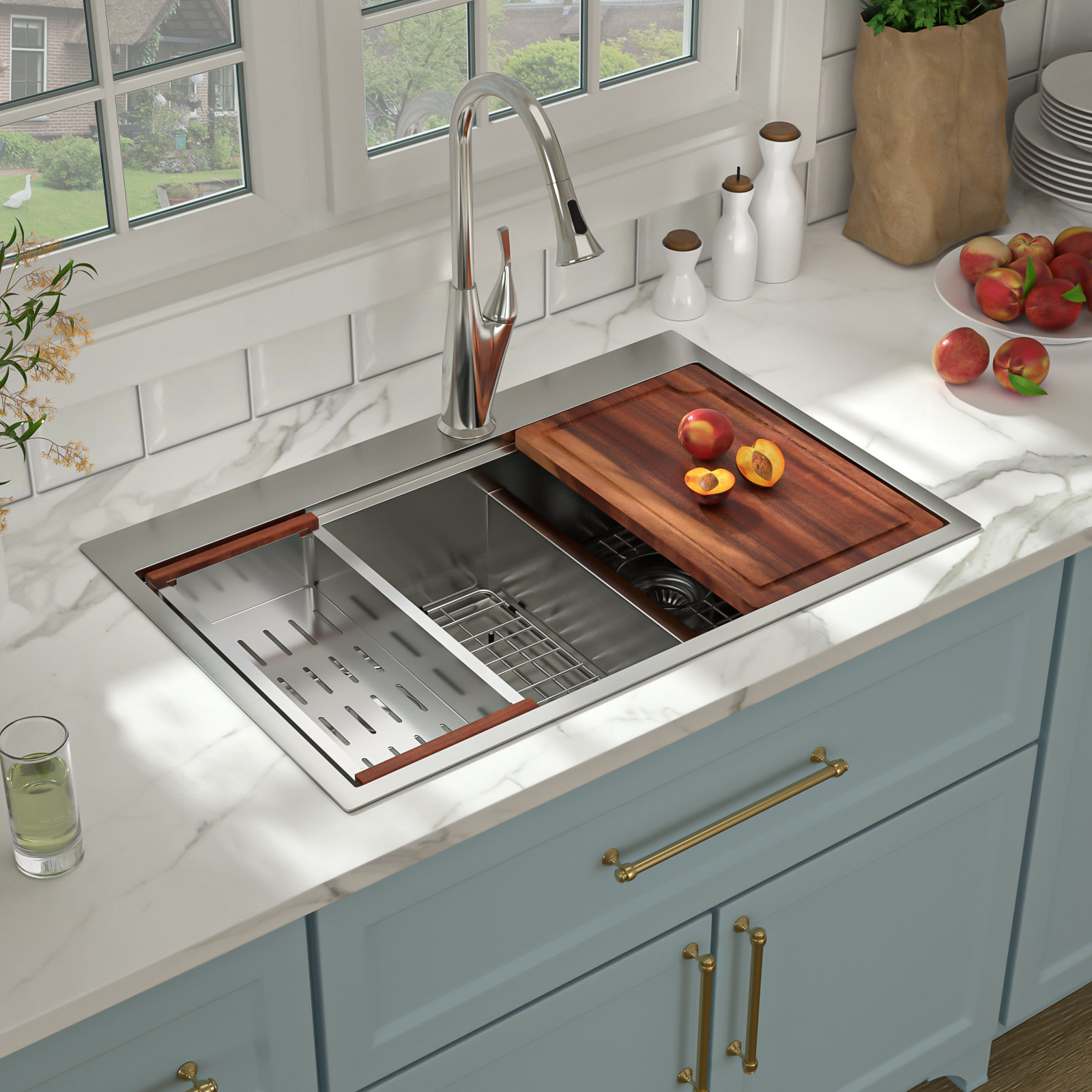 Lordear 33x22 inch Double Bowl Drop In Workstation Kitchen Sink 16 ...