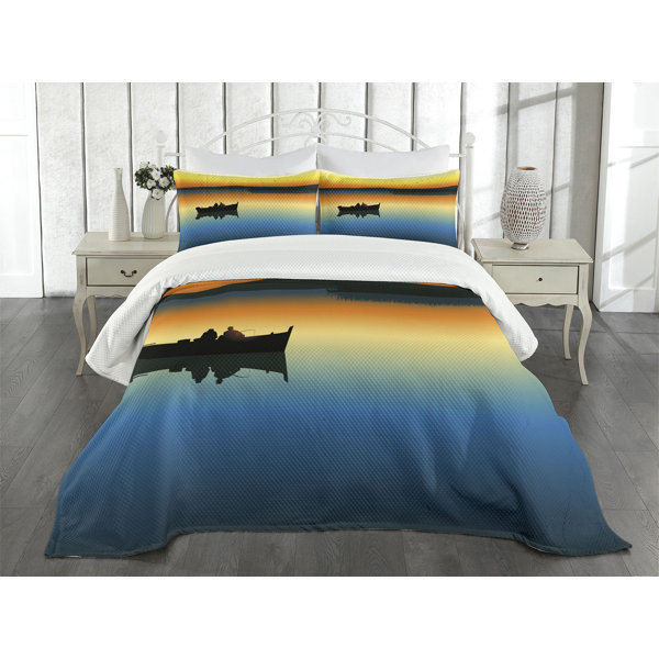 Ambesonne Nature Bedspread Set Sunset at Lake Fishing Orange Blue | Wayfair