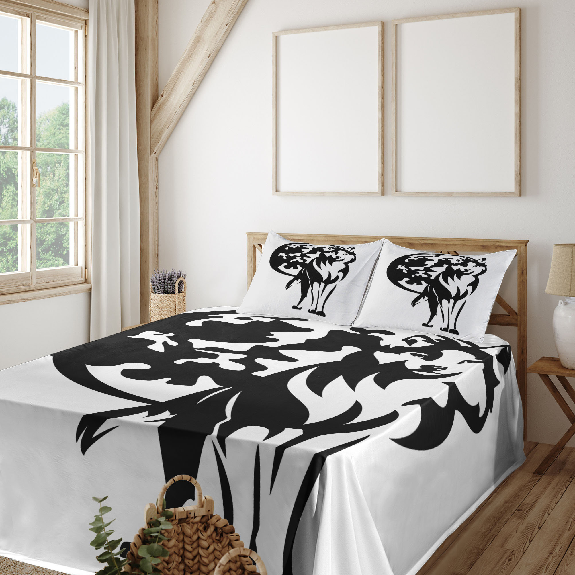 Ambesonne Wolf Sheet Set Moon and Animal Drawing Charcoal Grey and ...