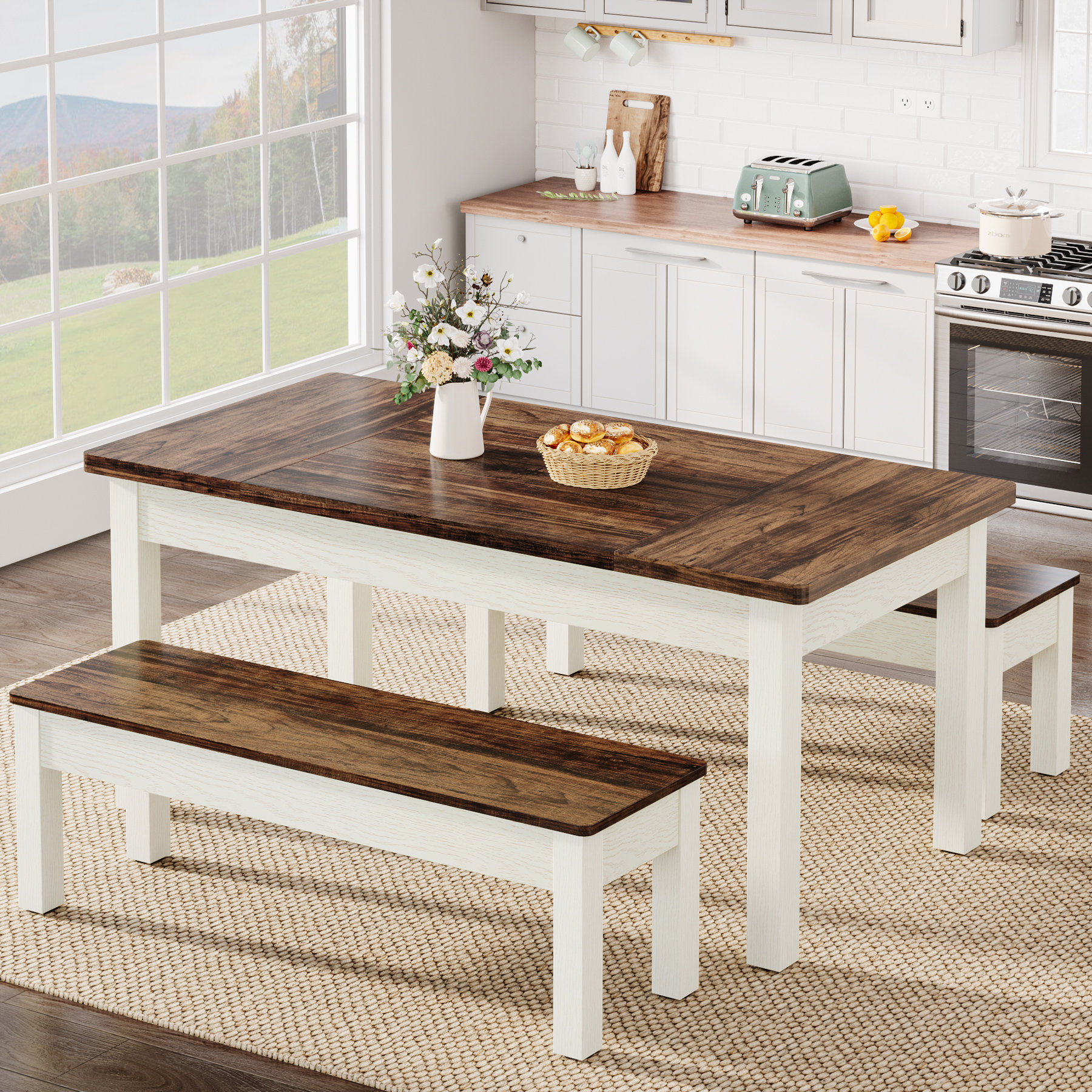 Gracie Oaks 3 Piece Dining Table Set With 2 Benchs, Farmhouse Wood ...