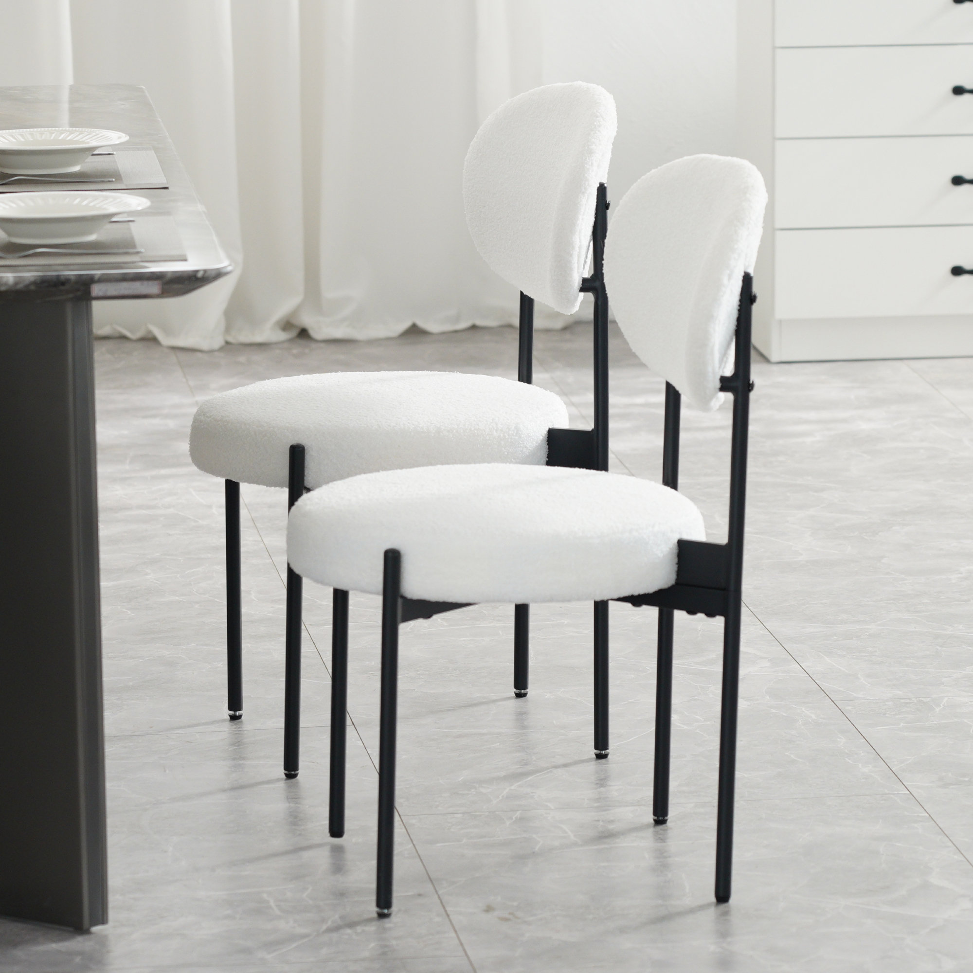 Orren Ellis Boucle Lamb Wool Modern Dining Chair Stackable Kitchen ...