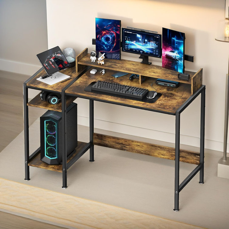 FURNOLD 120cm W Rectangle Computer Desk With Monitor Stand And Shelves ...