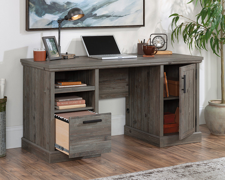 Inbox Zero Double Ped Desk with Drawer in Pebble Pine | Wayfair