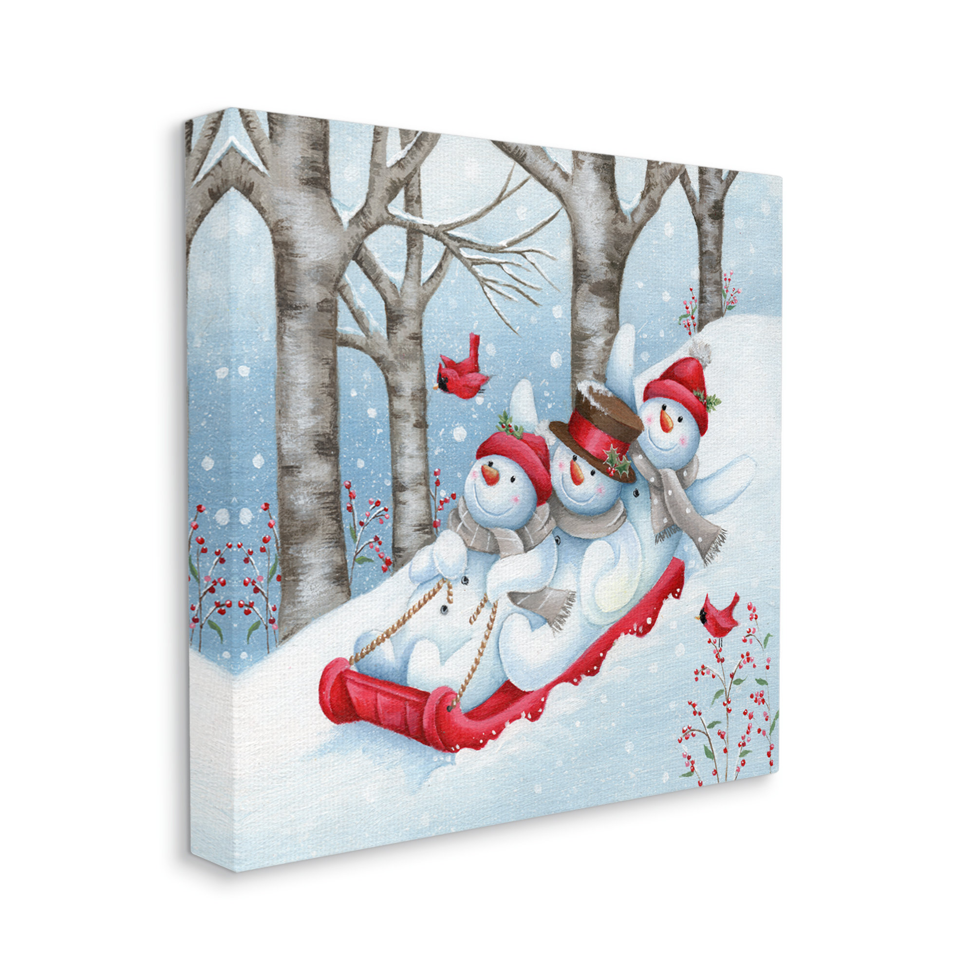 The Holiday Aisle® Happy Snowman Trio Sledding On Canvas by Emma Leach ...