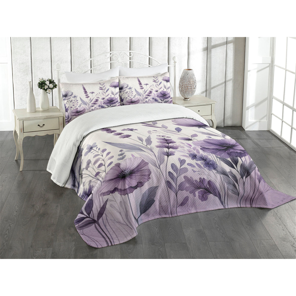 Ambesonne Purple Bedspread Set 3 Pcs Watercolor Vintage Floral Lilac ...