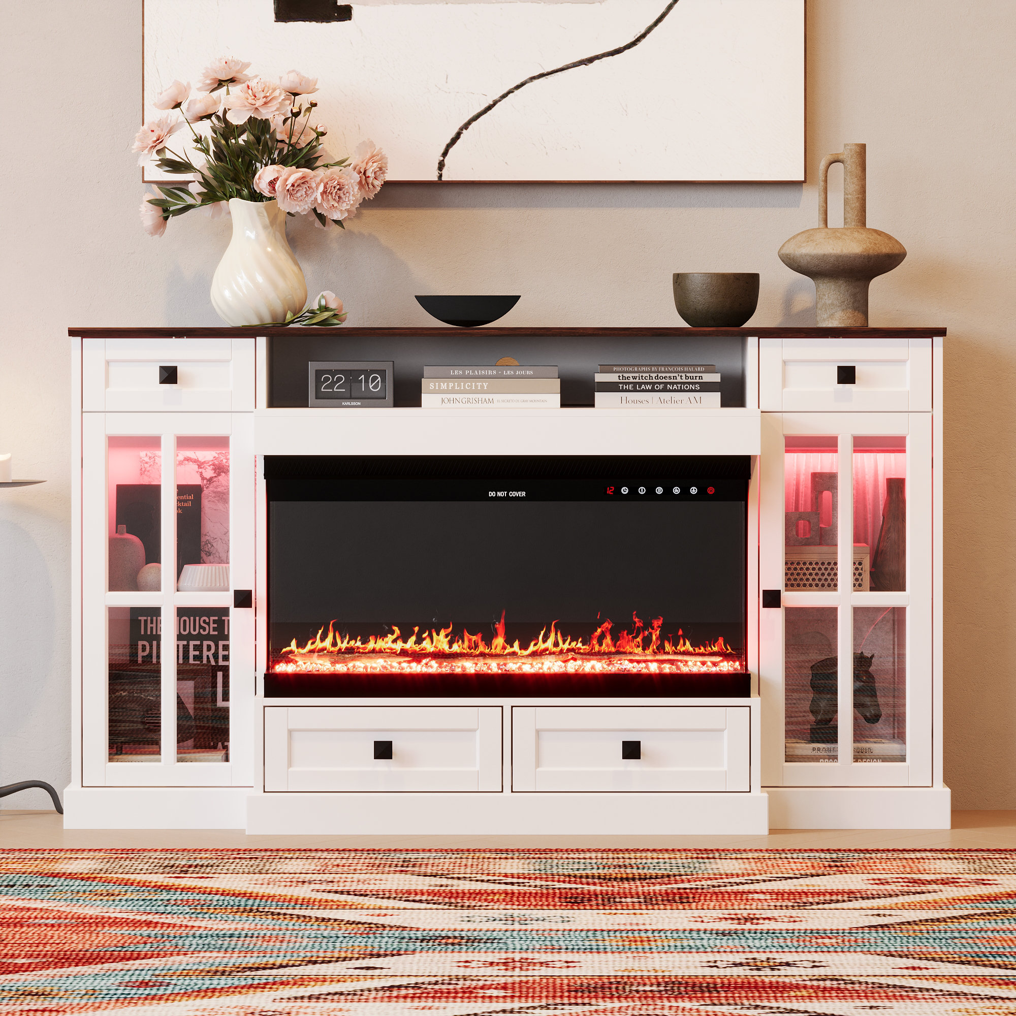 Orren Ellis 30-inch Electronic Fireplace With White TV Stand and ...
